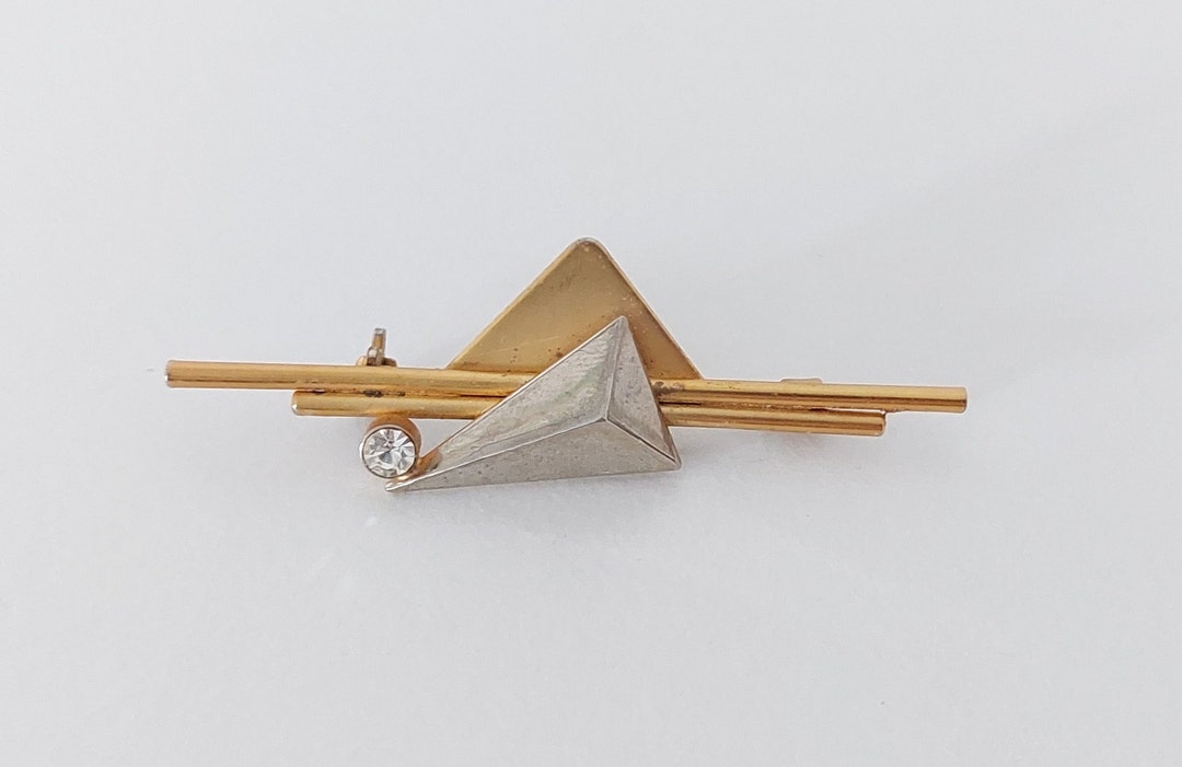 Vintage Golden Colored Geometric Brooch With A Gemstone, Modernist ...