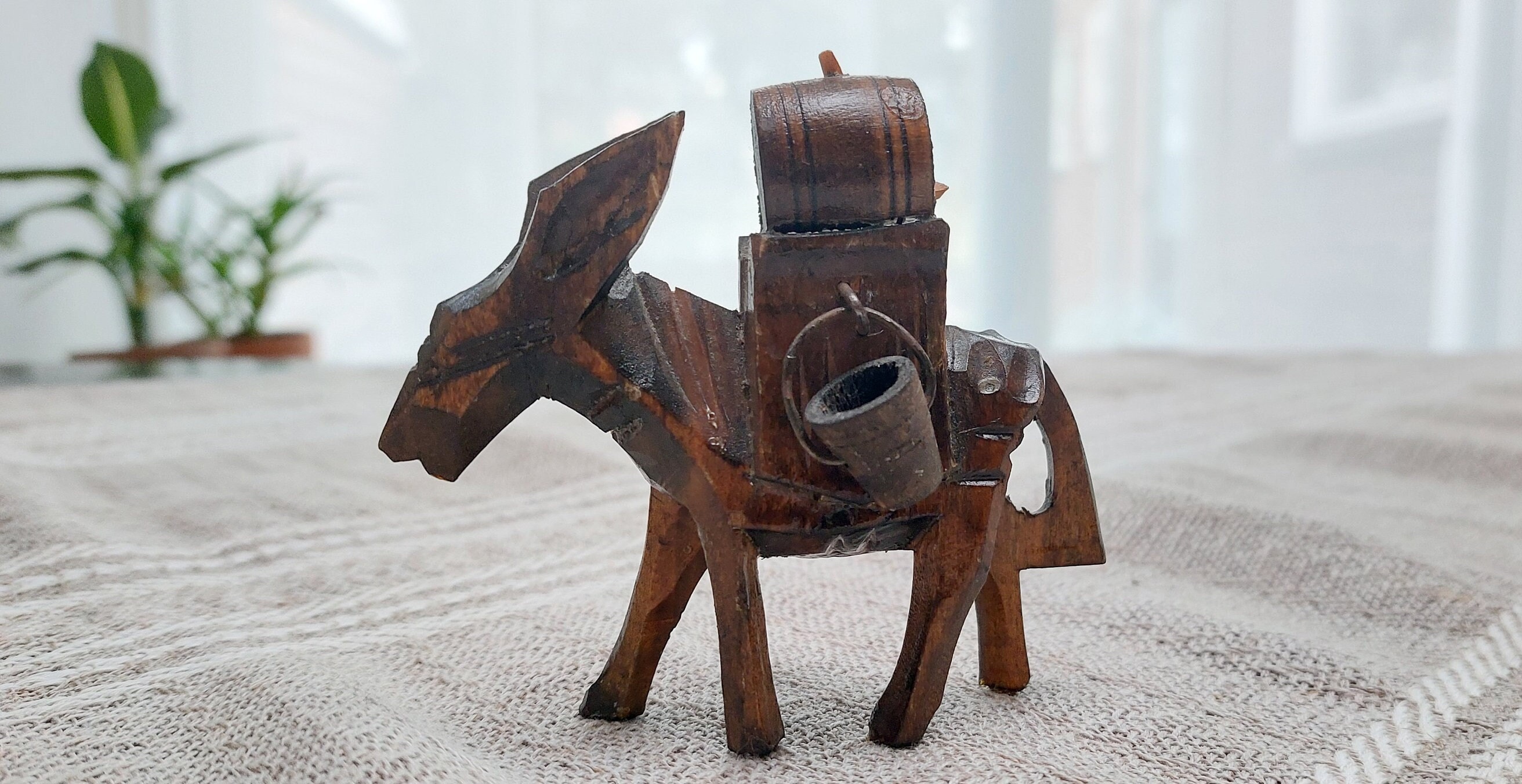 Vintage Small Hand Carved Wooden Donkey With Barrel Buckets Figurine ...