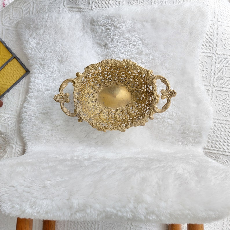 Vintage Italian Decoration Tray, Brass Bowl, Filigree Oval Fruit Basket ...