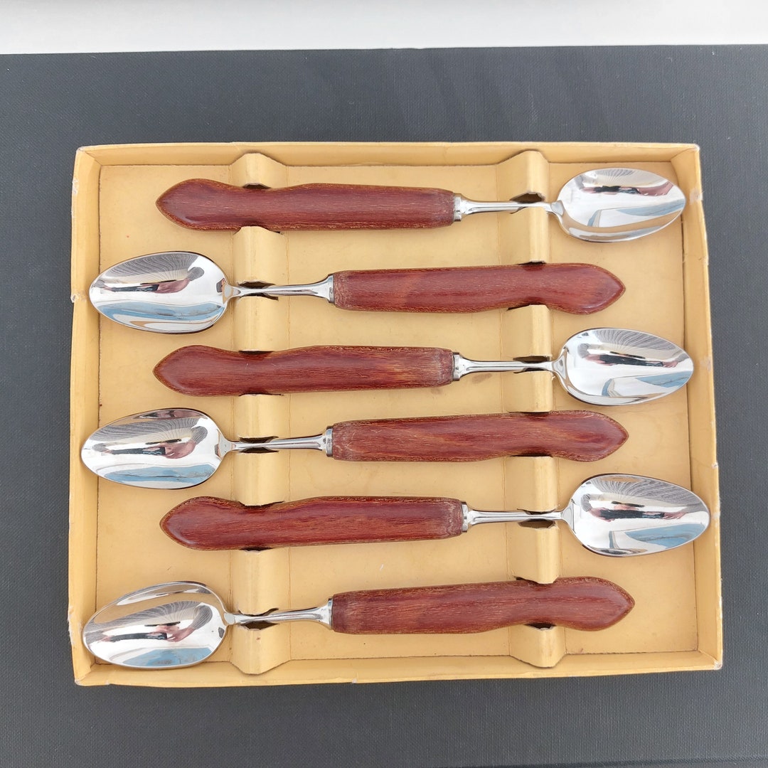 6 Exelwood Wooden Handle Stainless Steel Spoon Set in an Original Box ...
