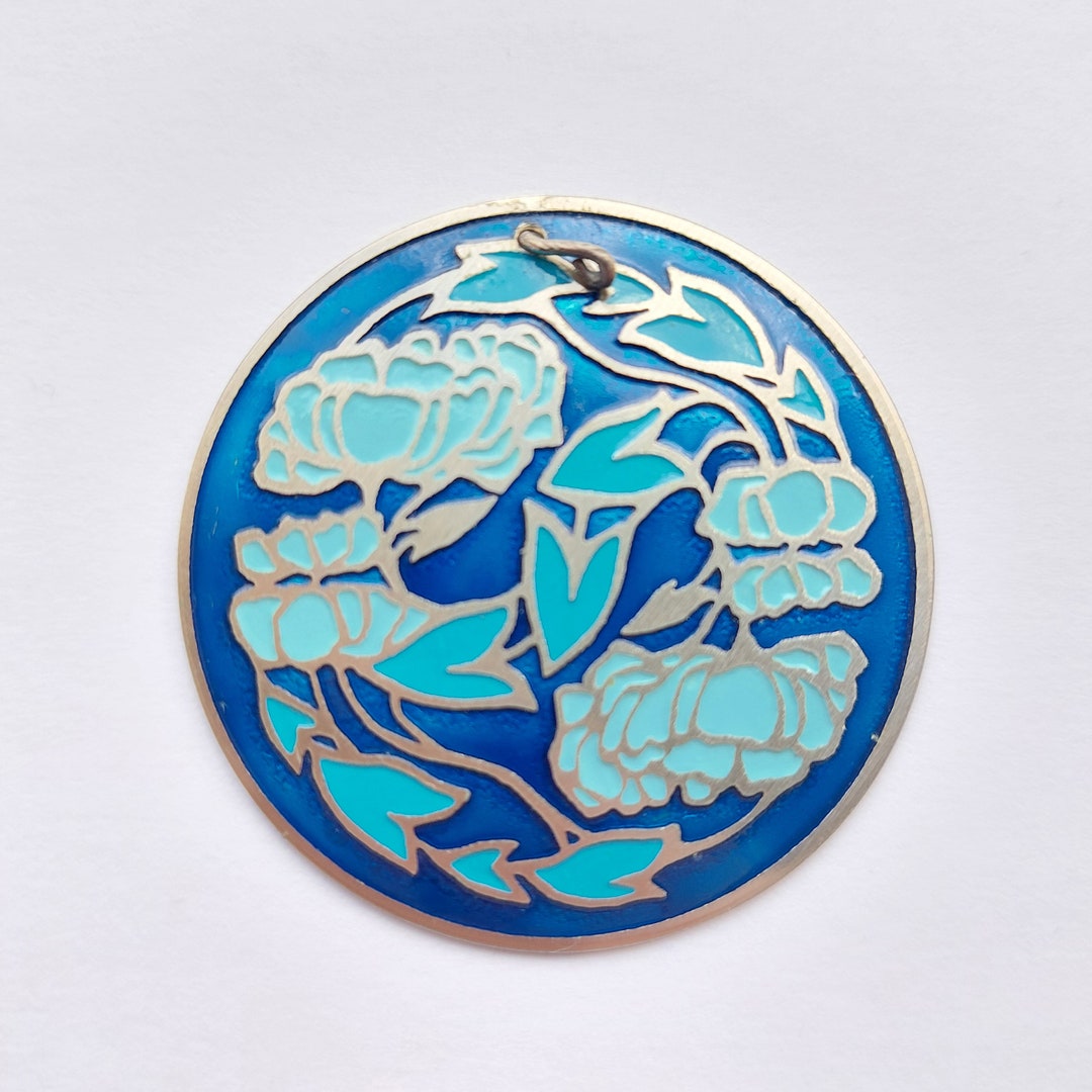 Vintage Cloisonne Pendant, Cloisonne Medallion, Blue Flowers, Colourful ...
