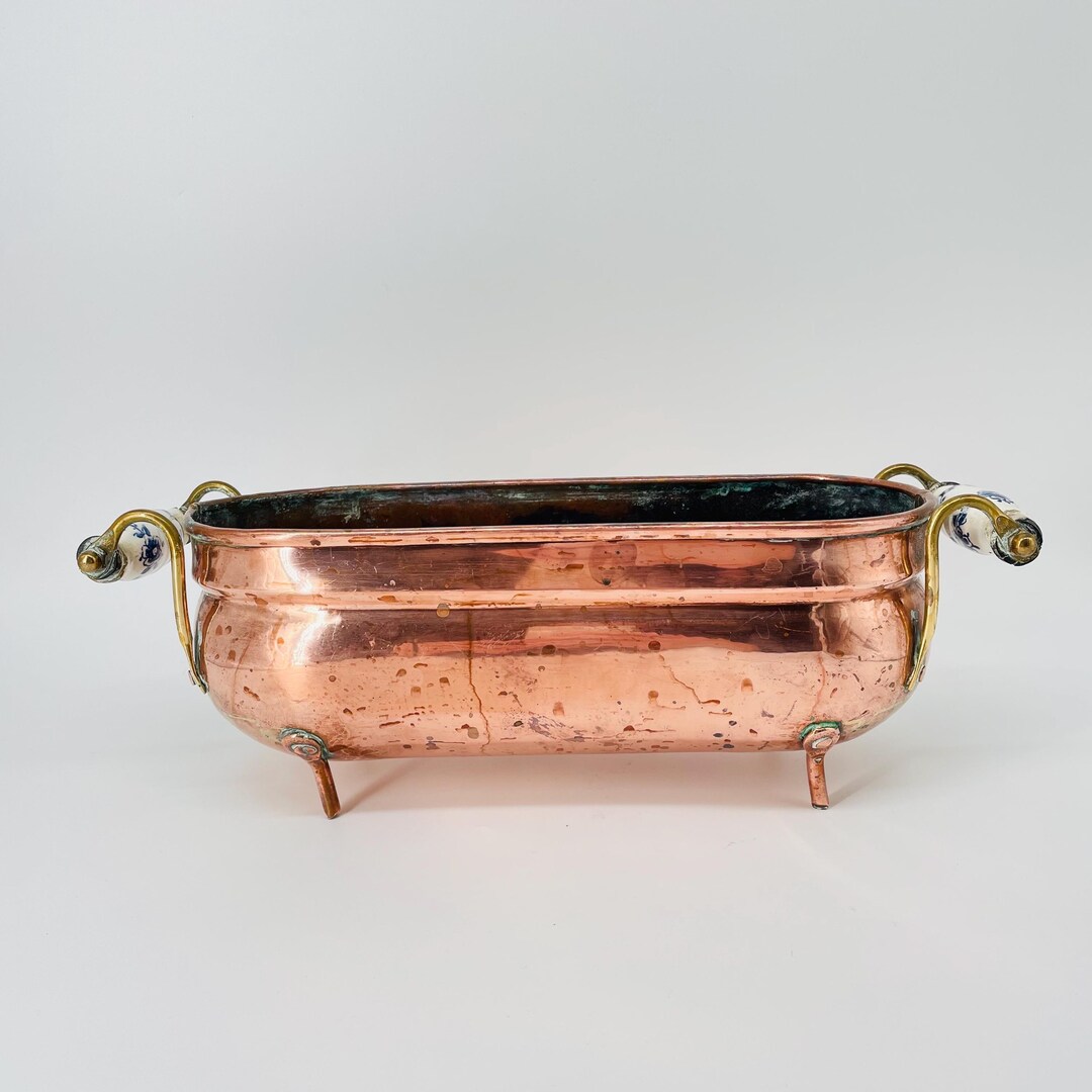 Vintage Copper Planter | Brass Feet & Delft Handles | European ...