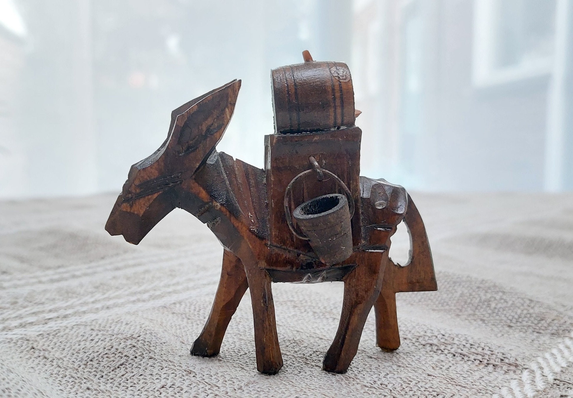 Vintage Small Hand Carved Wooden Donkey With Barrel Buckets Figurine ...
