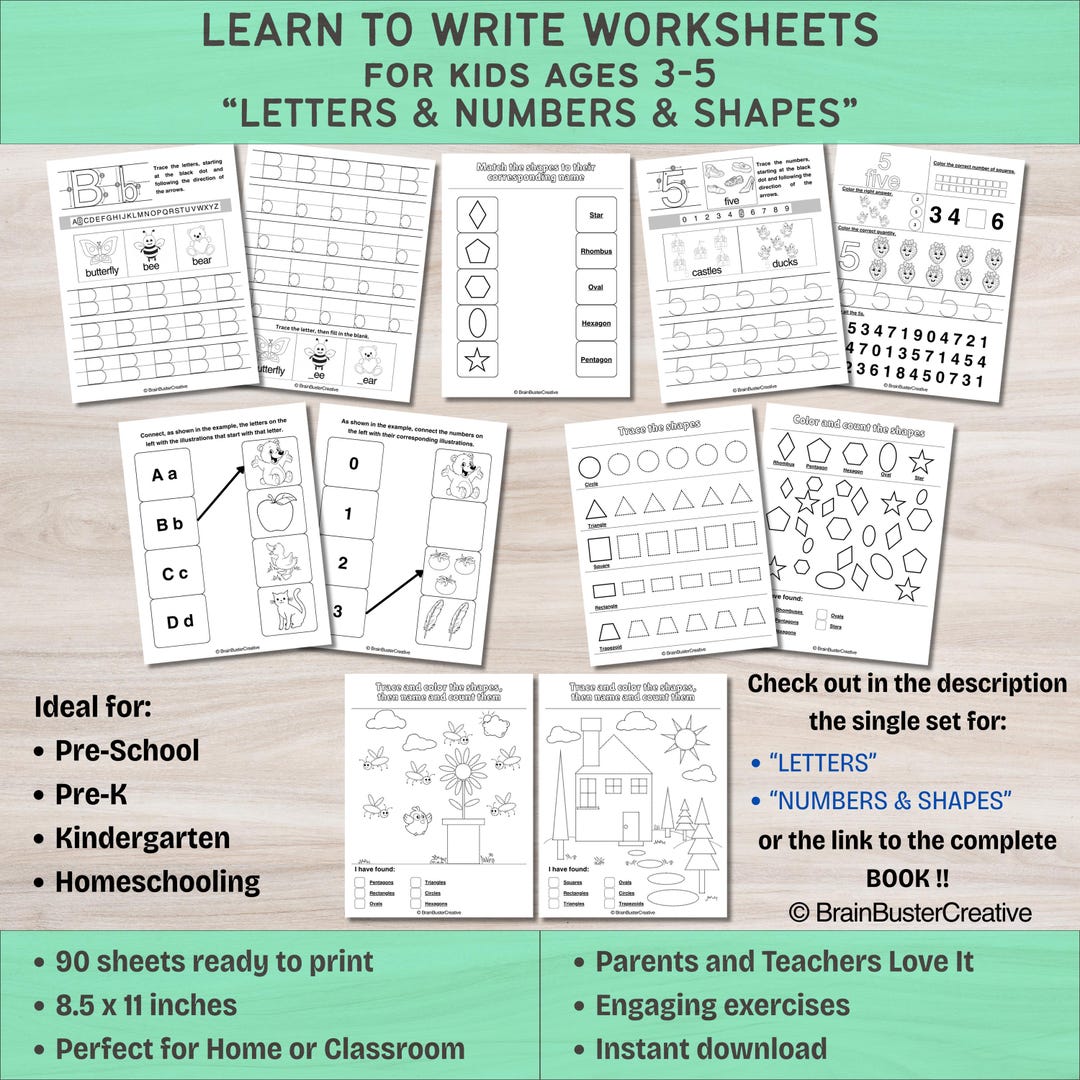Learn to Write Preschool Worksheets | Numbers, Letters, Shapes (digital ...