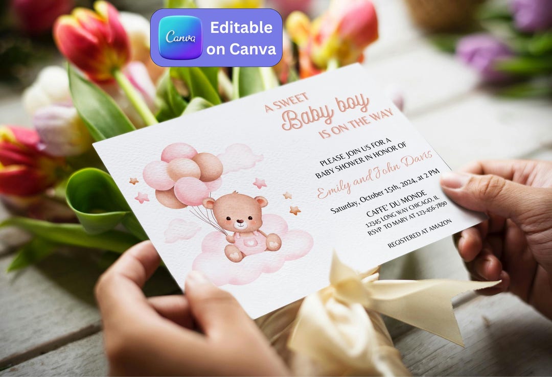 Teddy Bear Baby Shower Invitation - Girl - Horizontal - Customizable ...