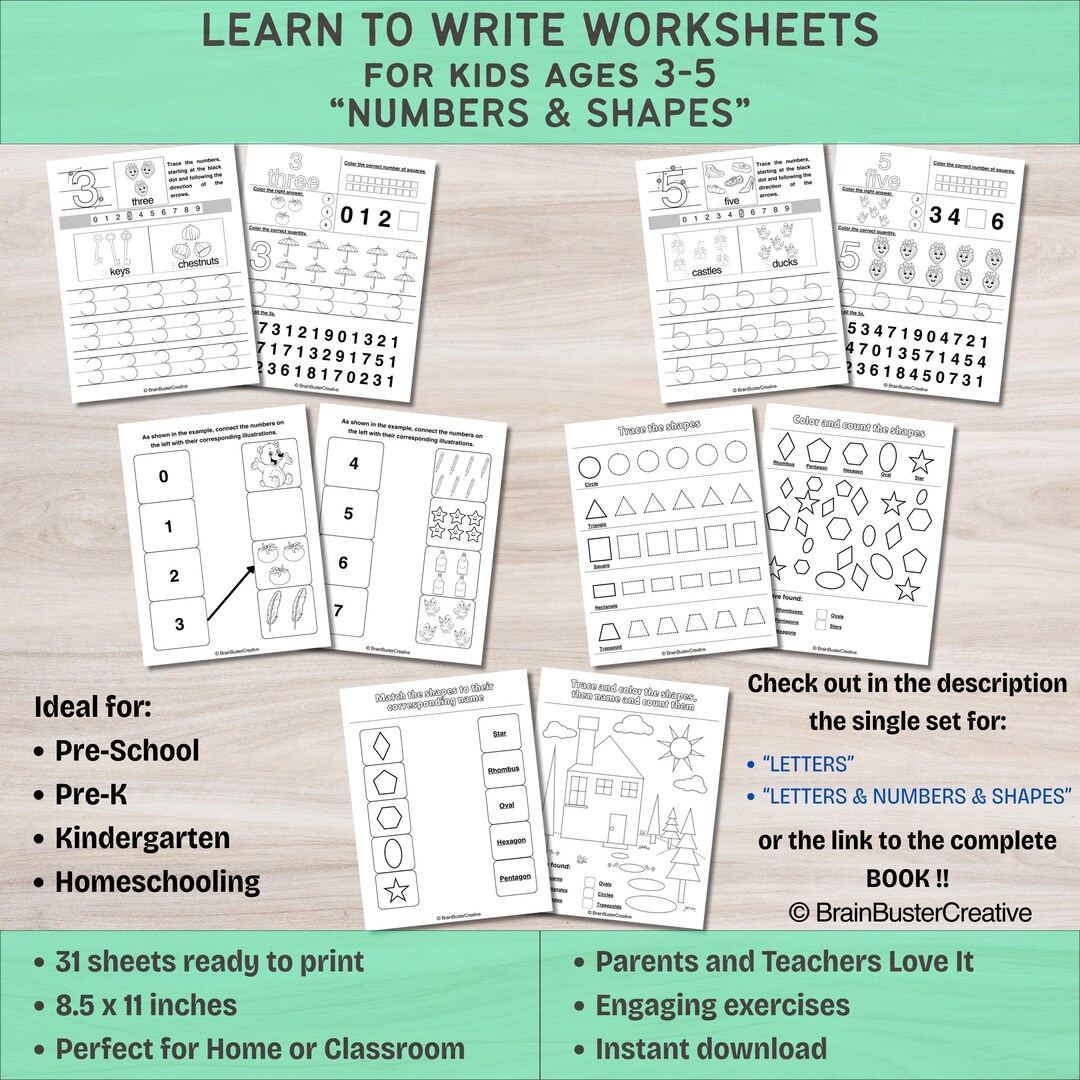 Learn to Write Worksheets | Numbers, Shapes Tracing for Kids 3-5 ...