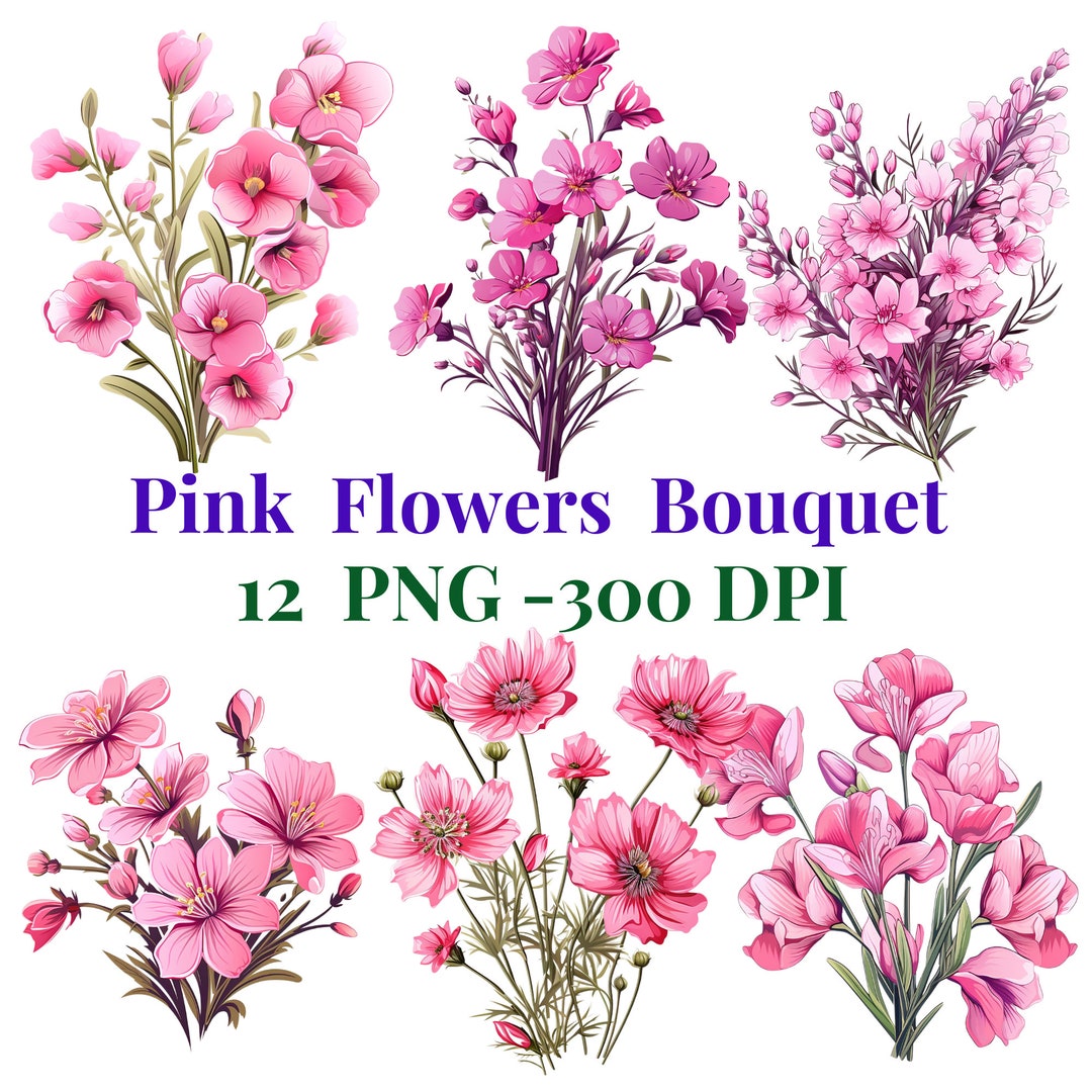 12 Pink Wildflowers Clipart, PNG Instant Download File, Valentine's ...