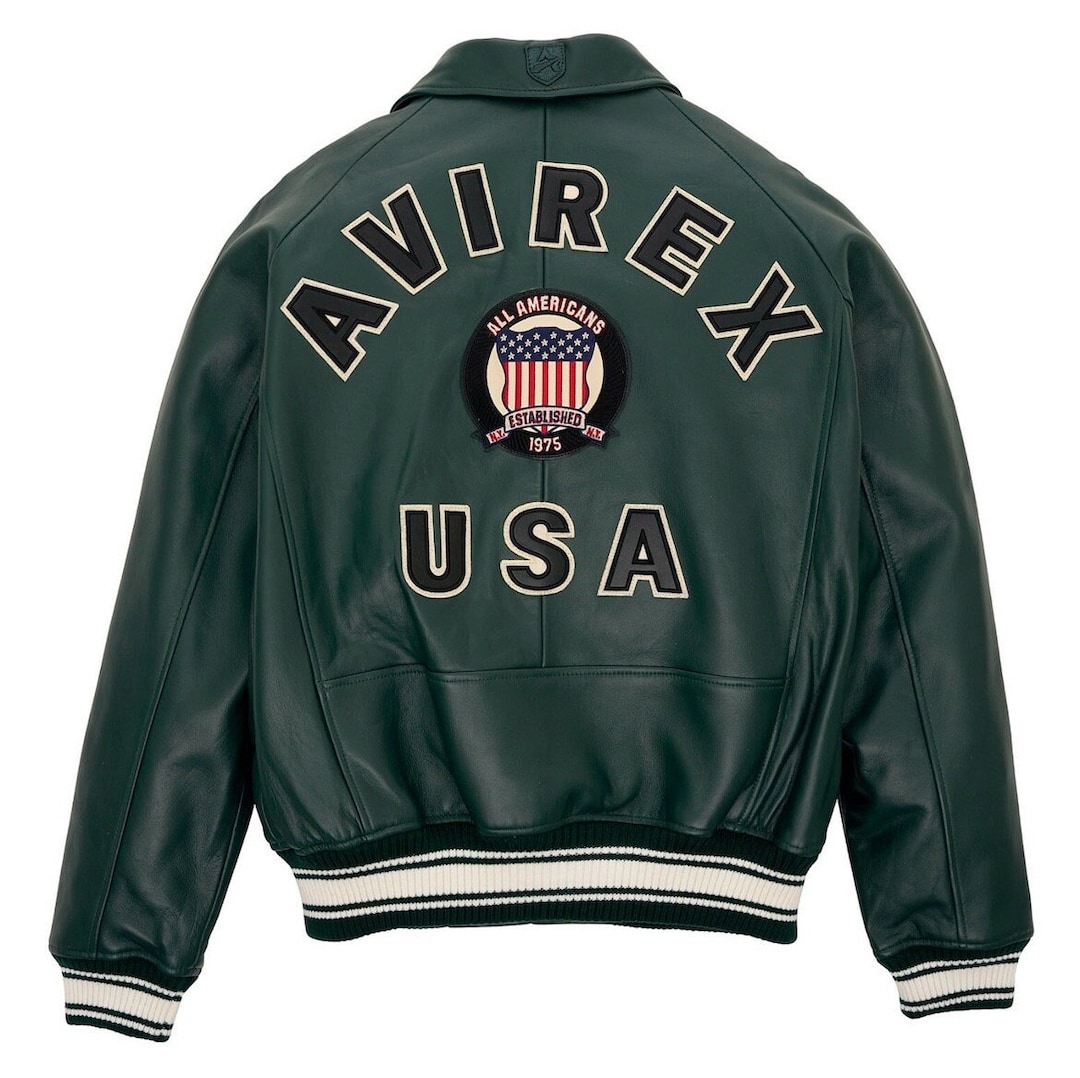 Men's Avirex Green Real Bomber American Flight Jacket Leather Jacket ...