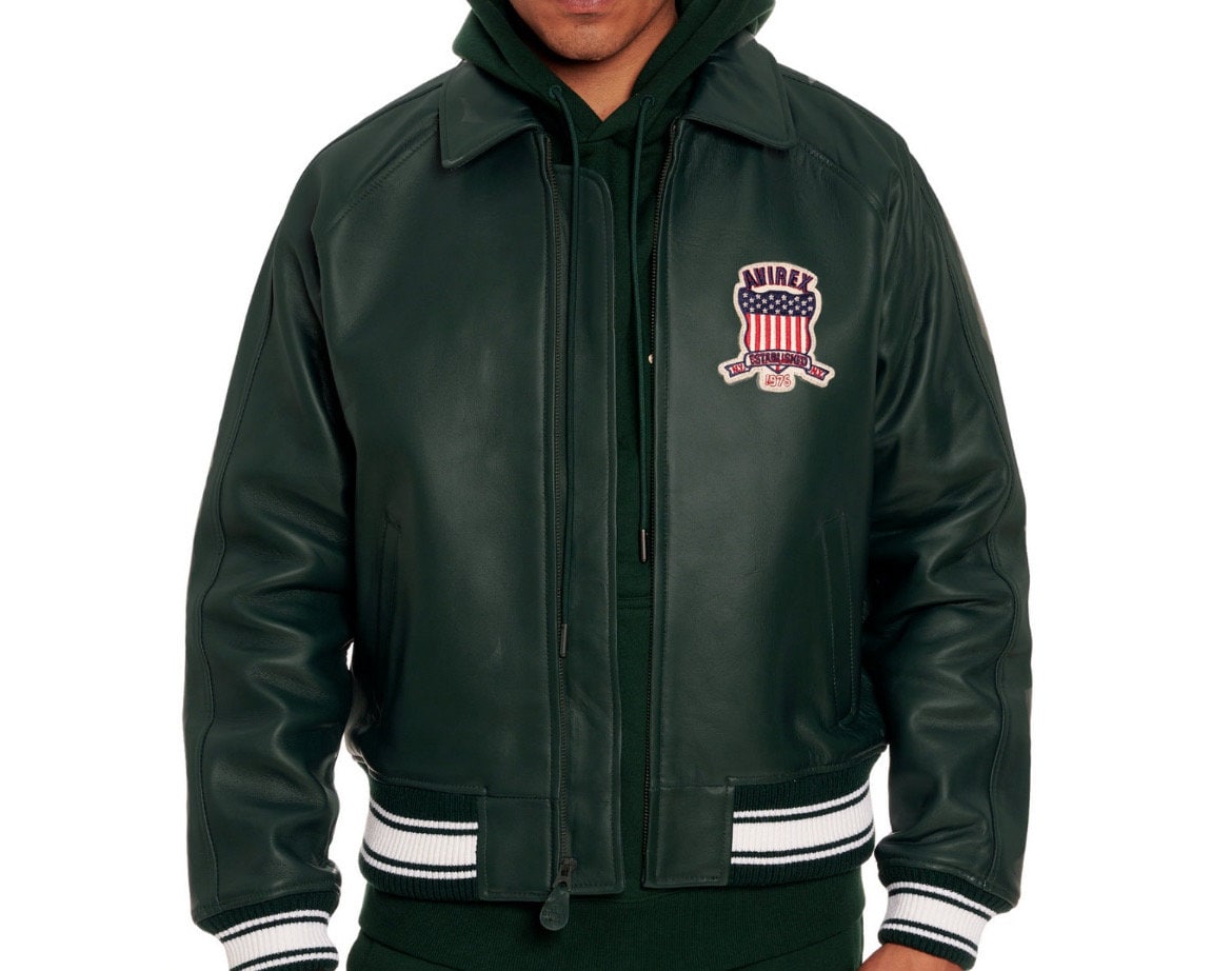 Men's Avirex Green Real Bomber American Flight Jacket Leather Jacket ...