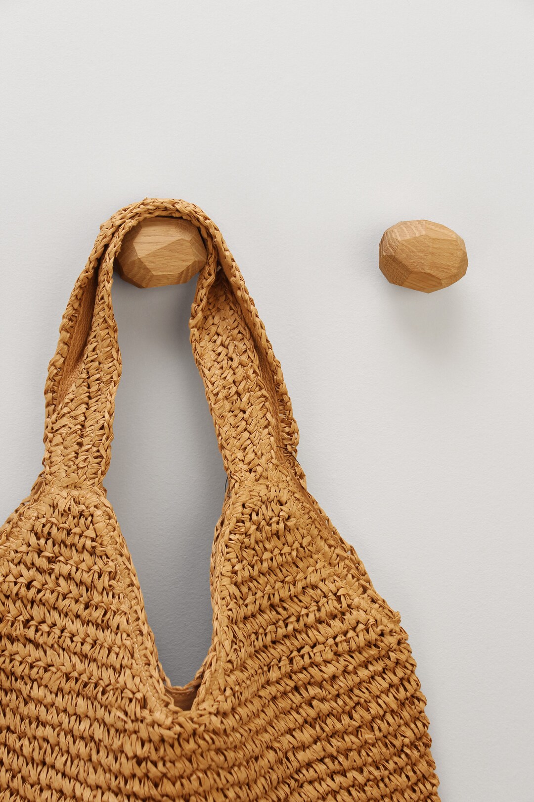Geometric Hooks Set of 5, Natural Oak Wood Wall Hooks, Faceted Wooden ...