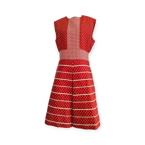 1960's Mod Style Brick Red Mix Print Dress - Medium /… - Gem