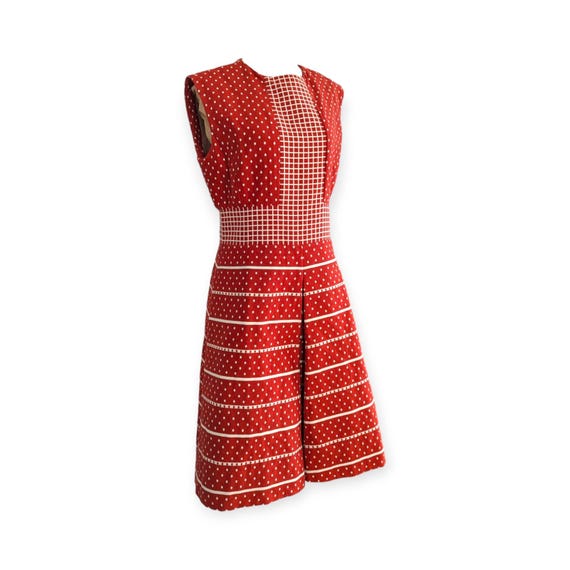 1960's Mod Style Brick Red Mix Print Dress - Medium /… - Gem