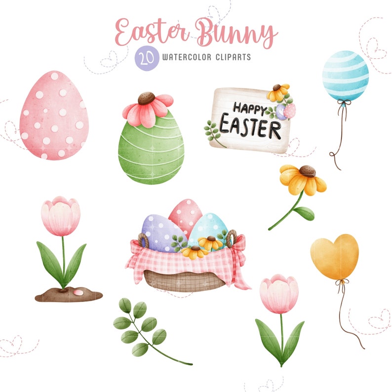 Easter Bunny Watercolor Clipart, Spring Easter Eggs Digital Download ...