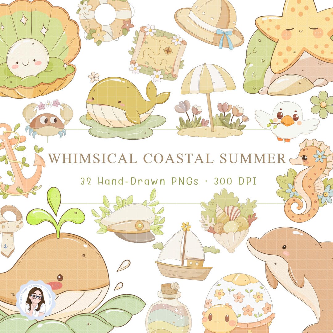 Coastal Summer Clipart: Sea Animals & Beach Illustrations (PNG Digital ...