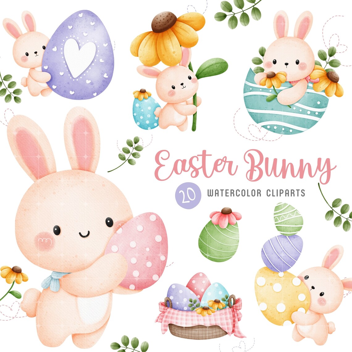 Easter Bunny Watercolor Clipart, Spring Easter Eggs Digital Download ...