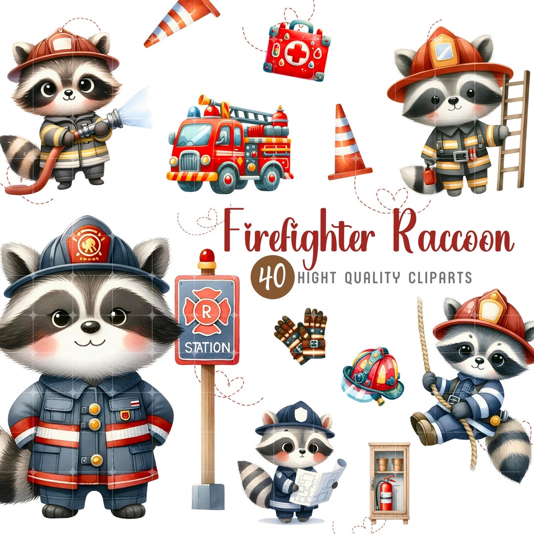 Firefighter Raccoon Clipart, Cute Raccoon Illustrations, Firefighter ...
