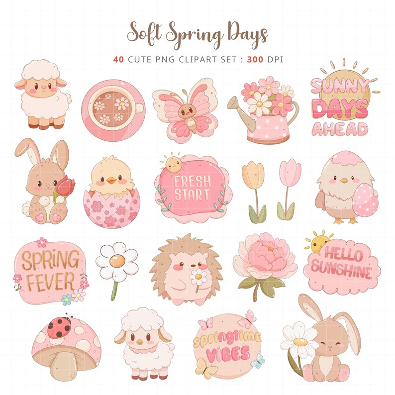 Spring Clipart Bundle | 40 Cute Pastel PNG Elements | Kawaii Animals ...
