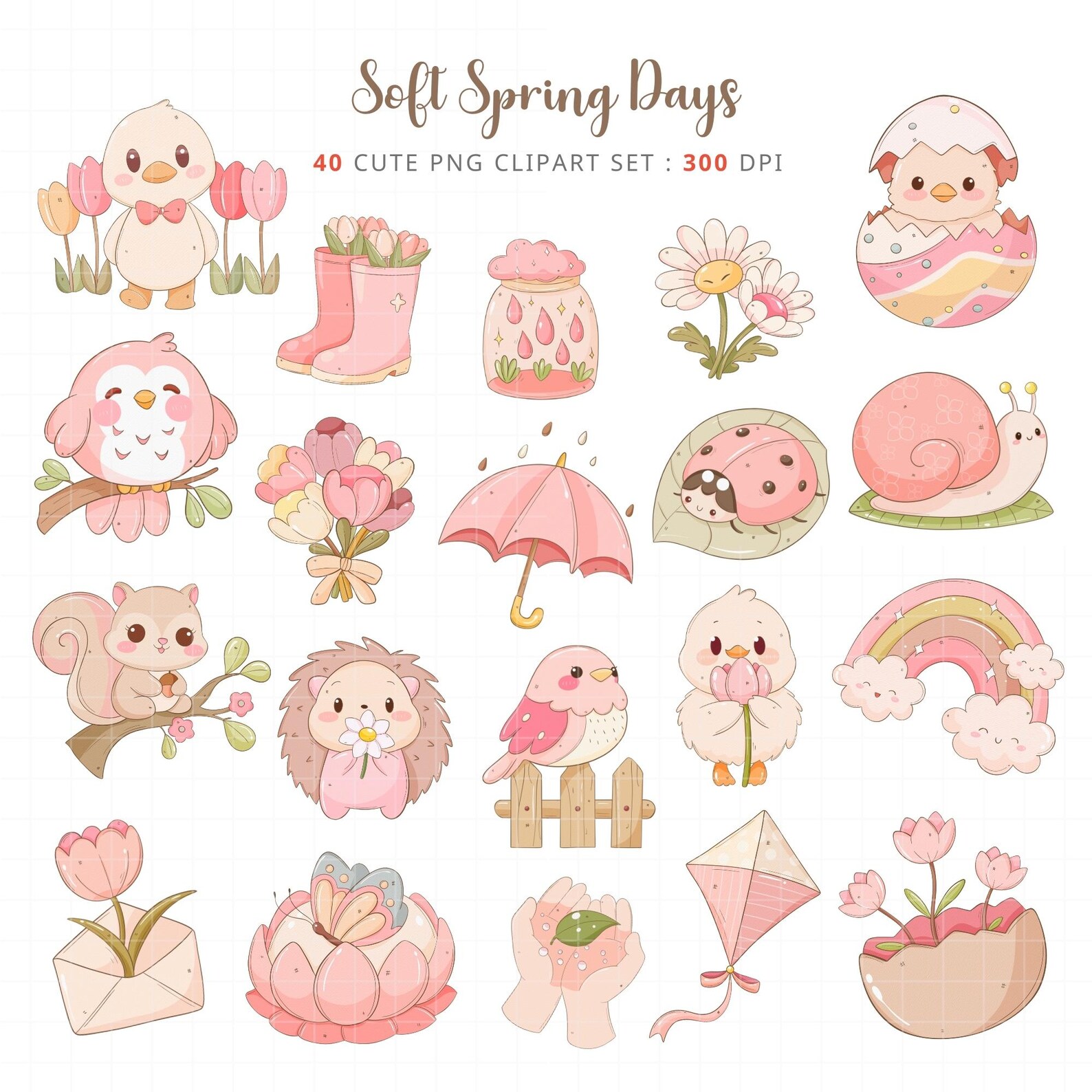 Spring Clipart Bundle | 40 Cute Pastel PNG Elements | Kawaii Animals ...
