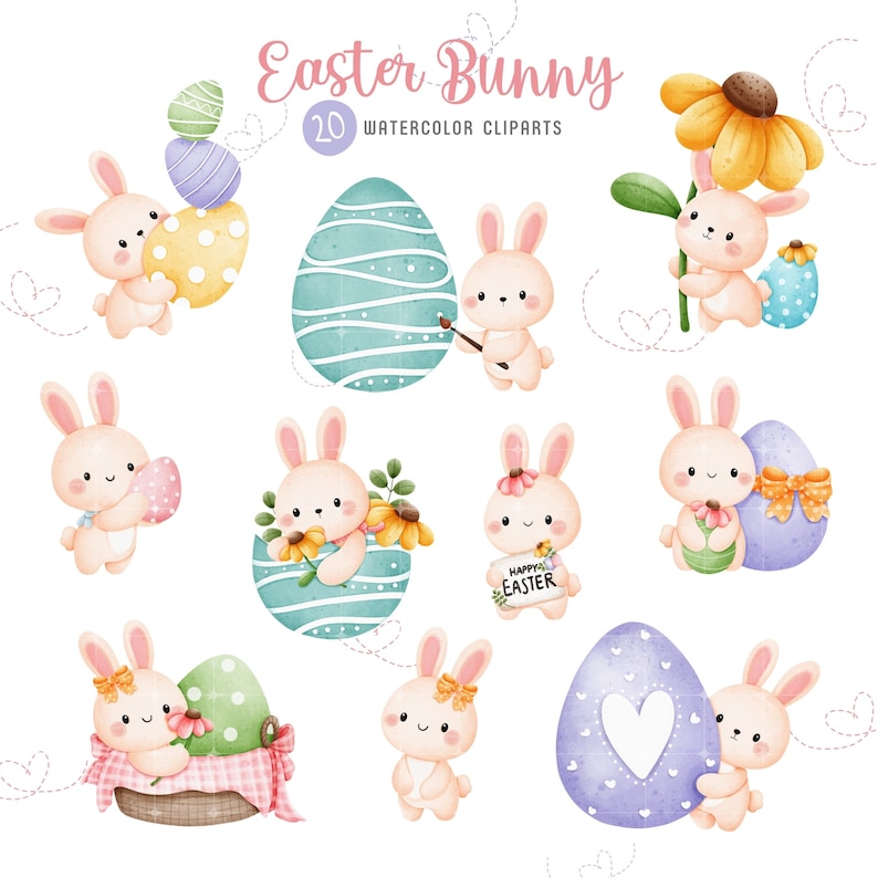 Easter Bunny Watercolor Clipart, Spring Easter Eggs Digital Download ...