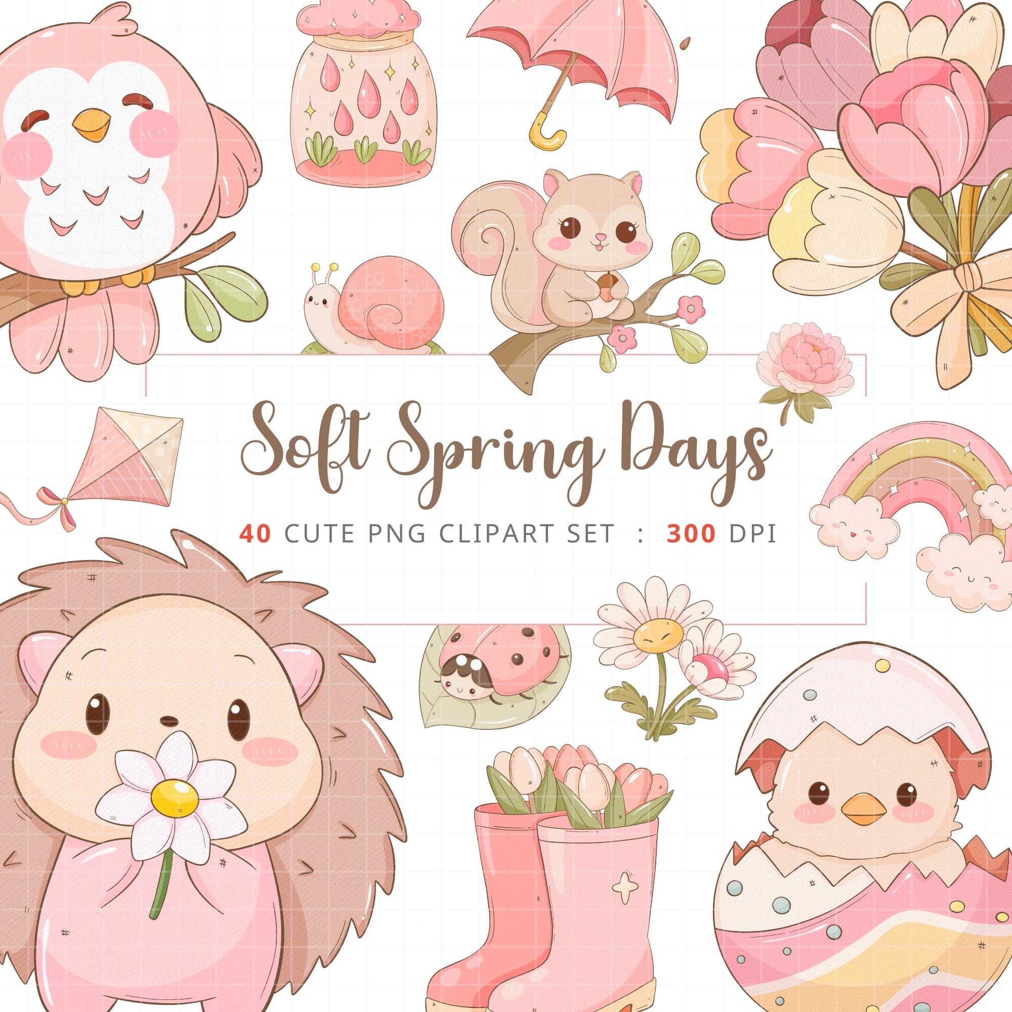 Spring Clipart Bundle | 40 Cute Pastel PNG Elements | Kawaii Animals ...