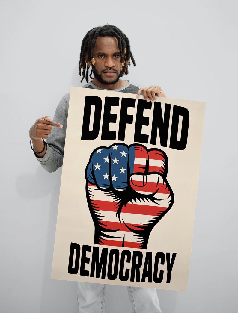 Defend Democracy Poster Printable, Raised Fist American Flag Wall Art ...