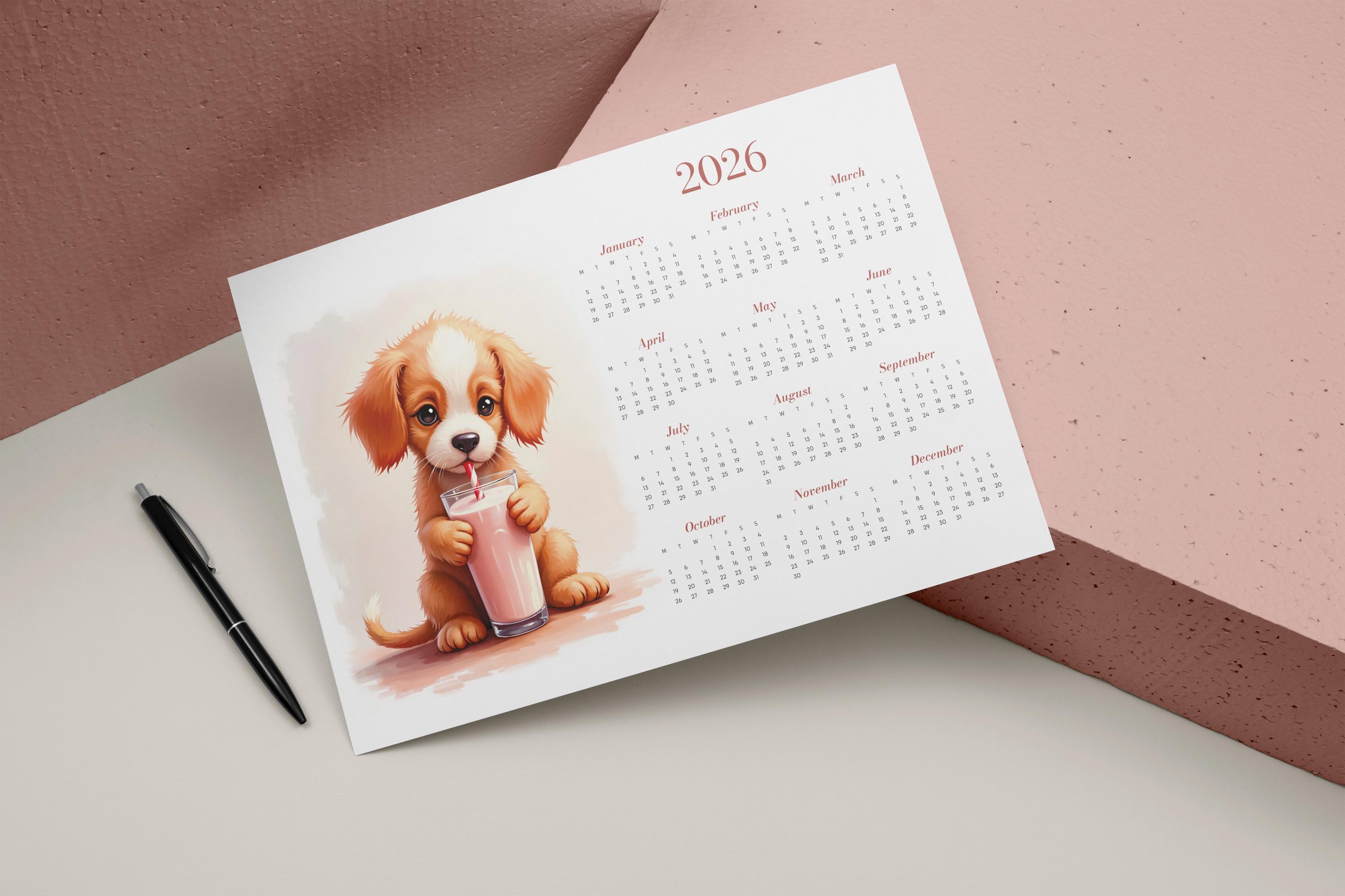 2026 Puppy Calendar Printable for Kids Cute Dog Wall Art A4 and Letter ...