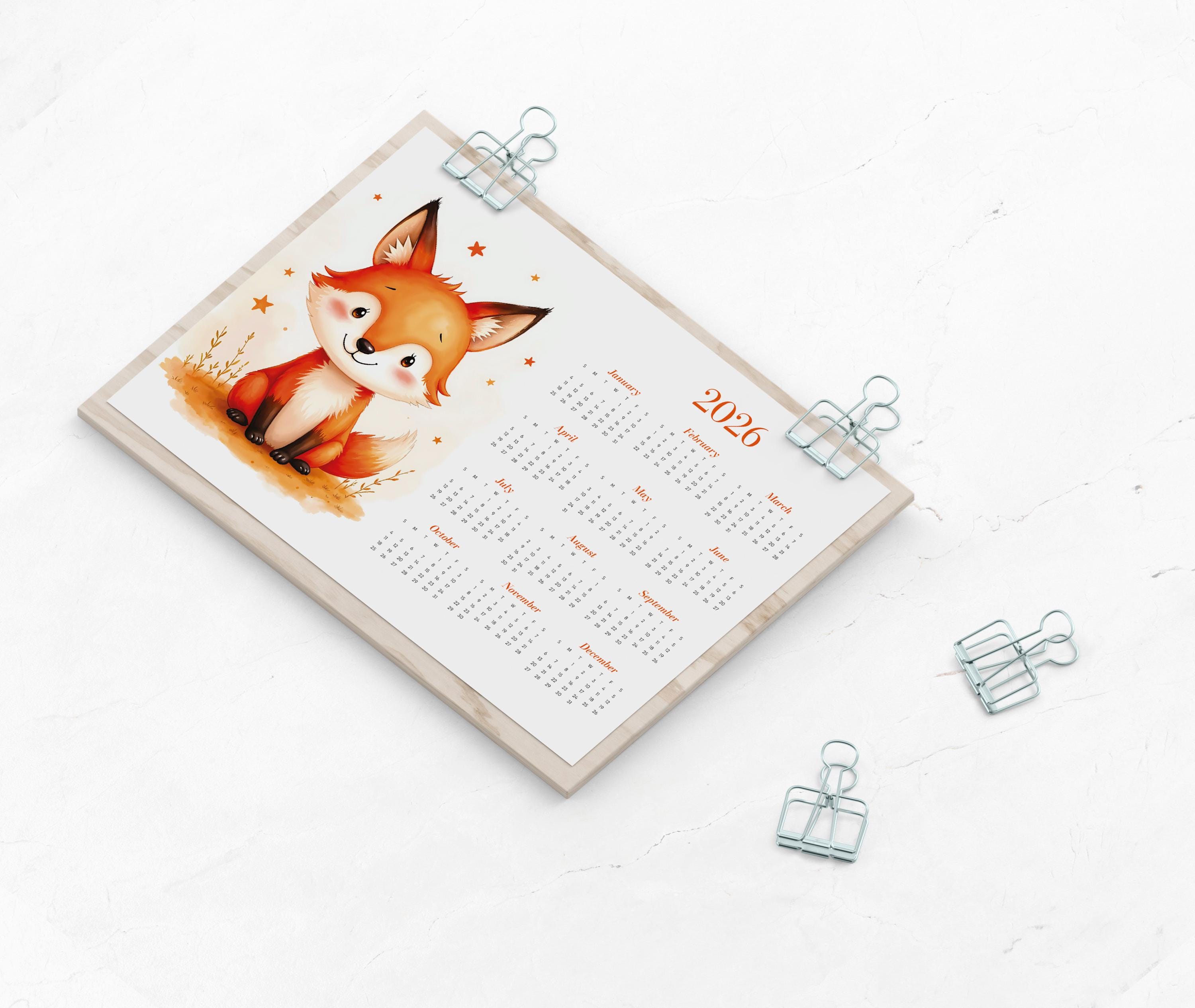 2026 Fox Calendar for Kids Cute Printable Wall Art Woodland Nursery ...