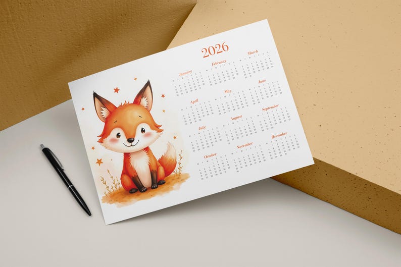 2026 Fox Calendar for Kids Cute Printable Wall Art Woodland Nursery ...