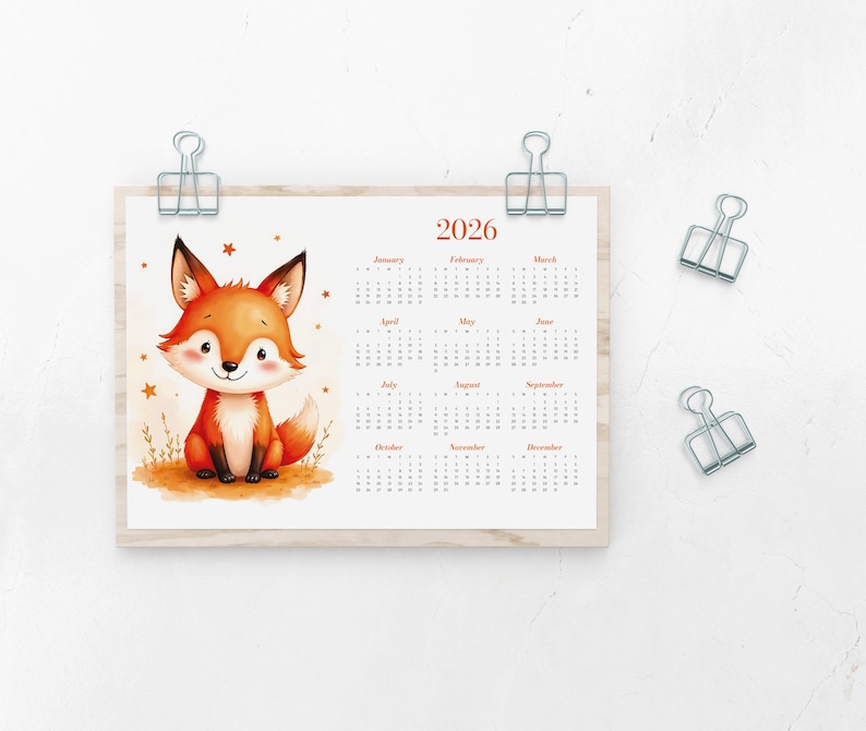 2026 Fox Calendar for Kids Cute Printable Wall Art Woodland Nursery ...