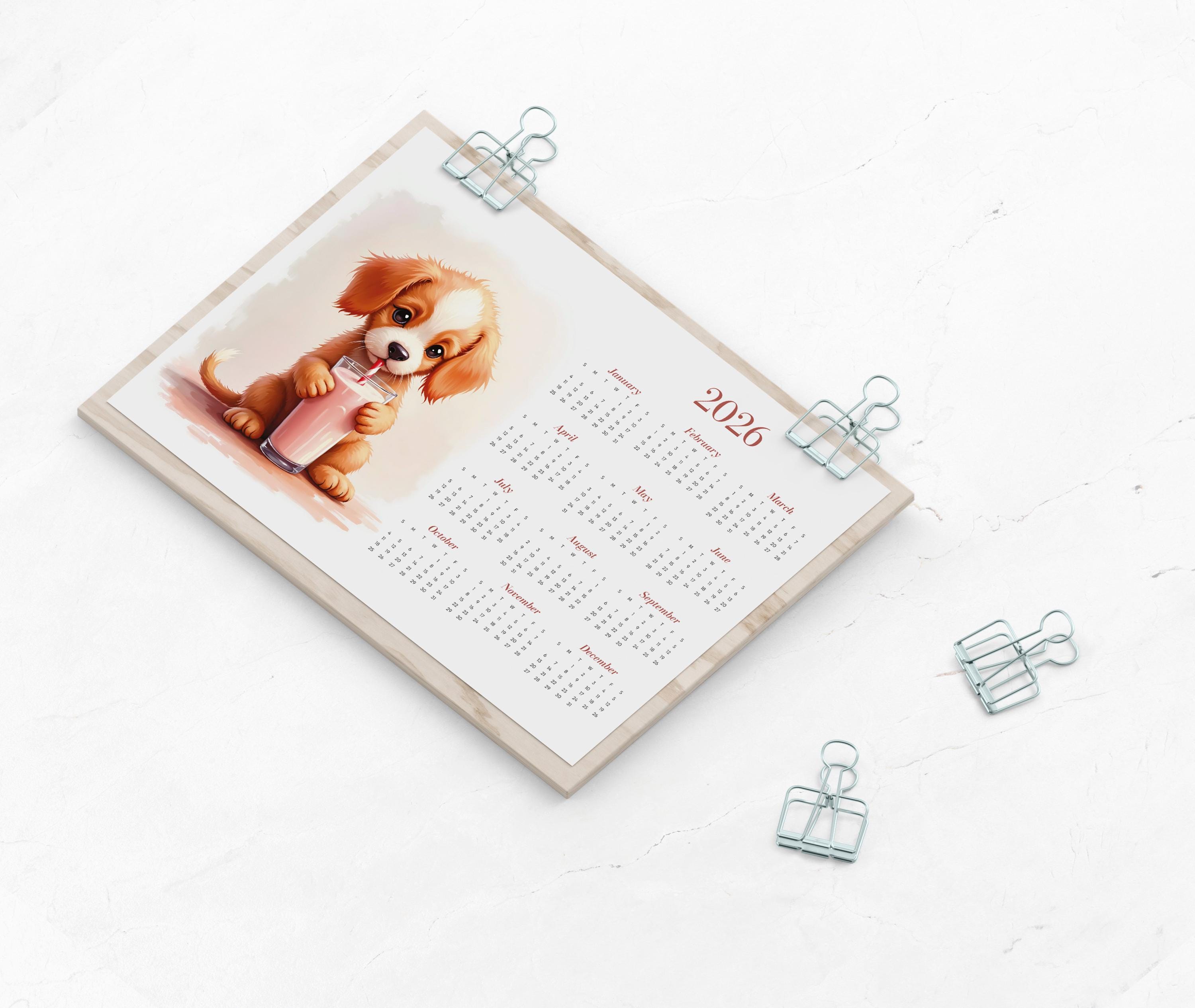 2026 Puppy Calendar Printable for Kids Cute Dog Wall Art A4 and Letter ...