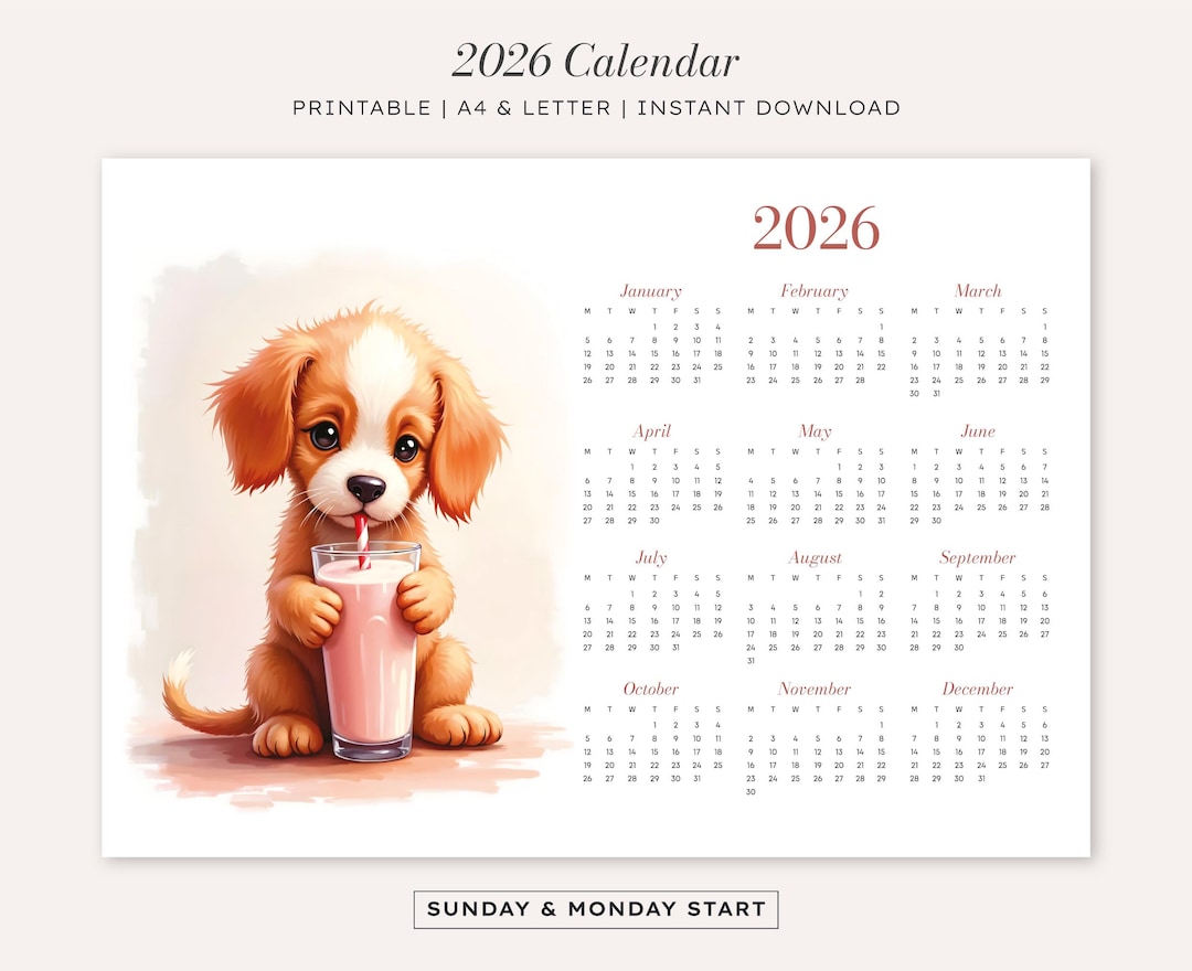 2026 Puppy Calendar Printable for Kids Cute Dog Wall Art A4 and Letter ...