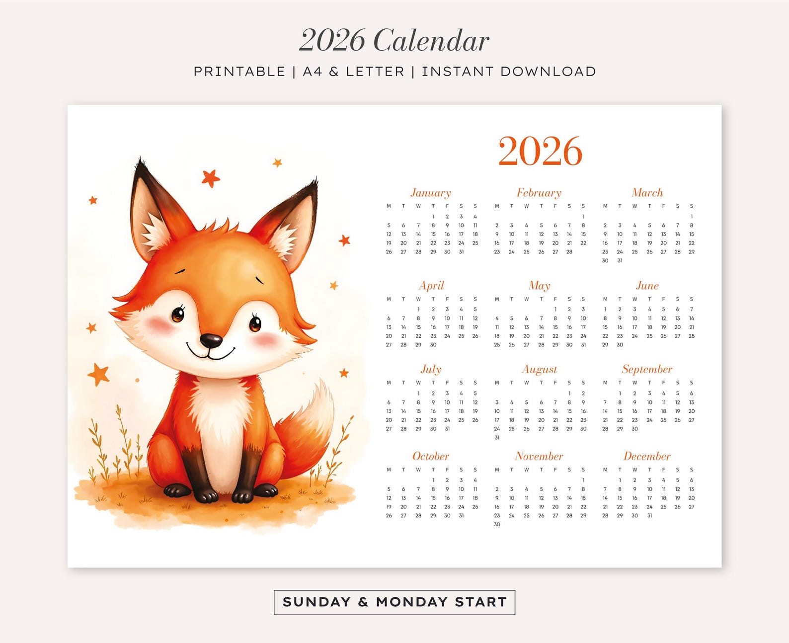 2026 Fox Calendar for Kids Cute Printable Wall Art Woodland Nursery ...