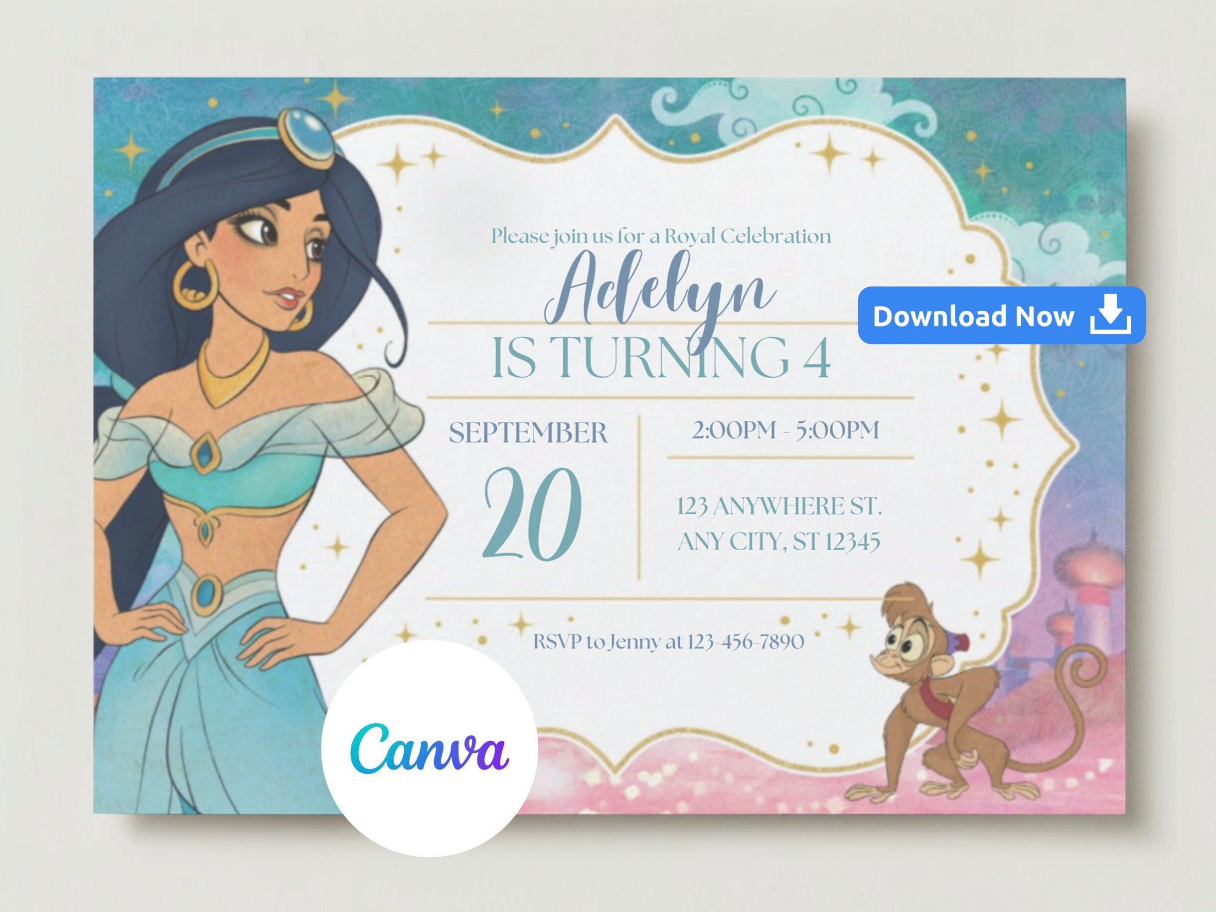 Editable Princess Jasmine Birthday Party Invitation, Princess Jasmine ...