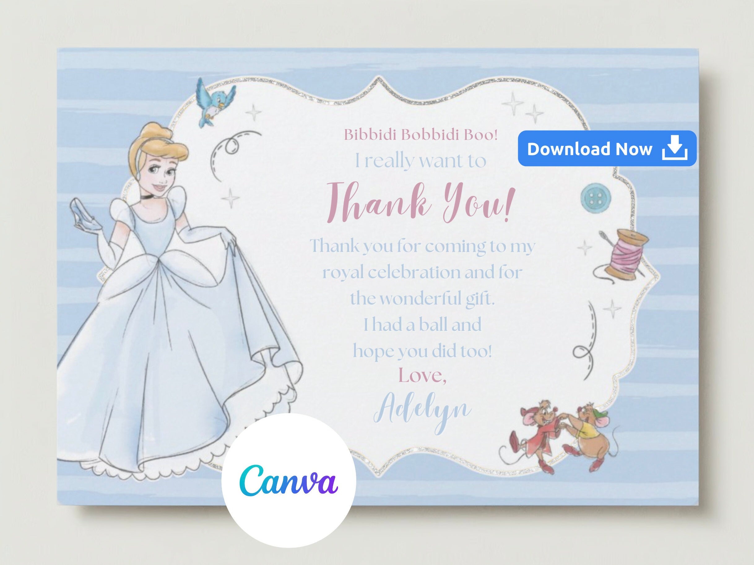 Editable Cinderella Thank You Card, Princess Cinderella Thank You Card ...