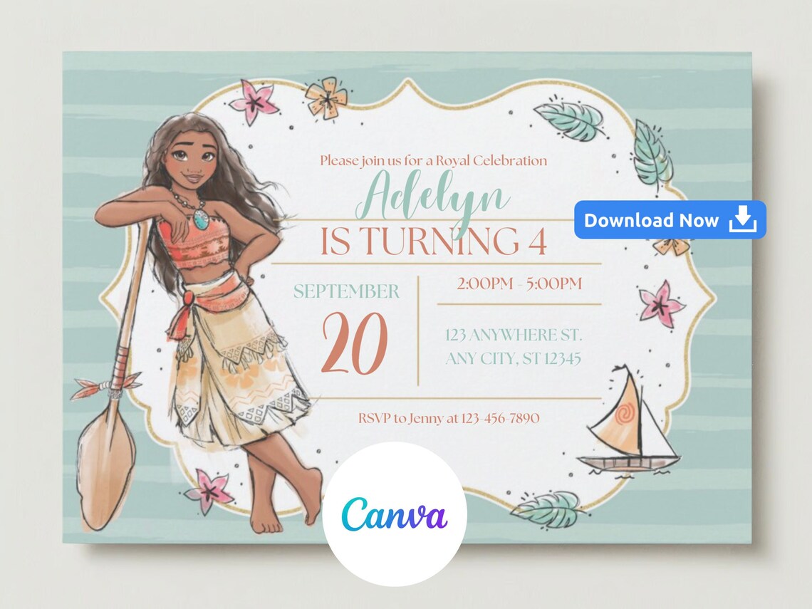Editable Moana Birthday Party Invitation, Moana Birthday Party Invite ...