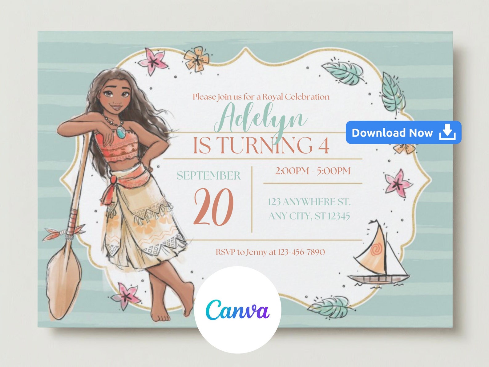 Editable Moana Birthday Party Invitation, Moana Birthday Party Invite ...