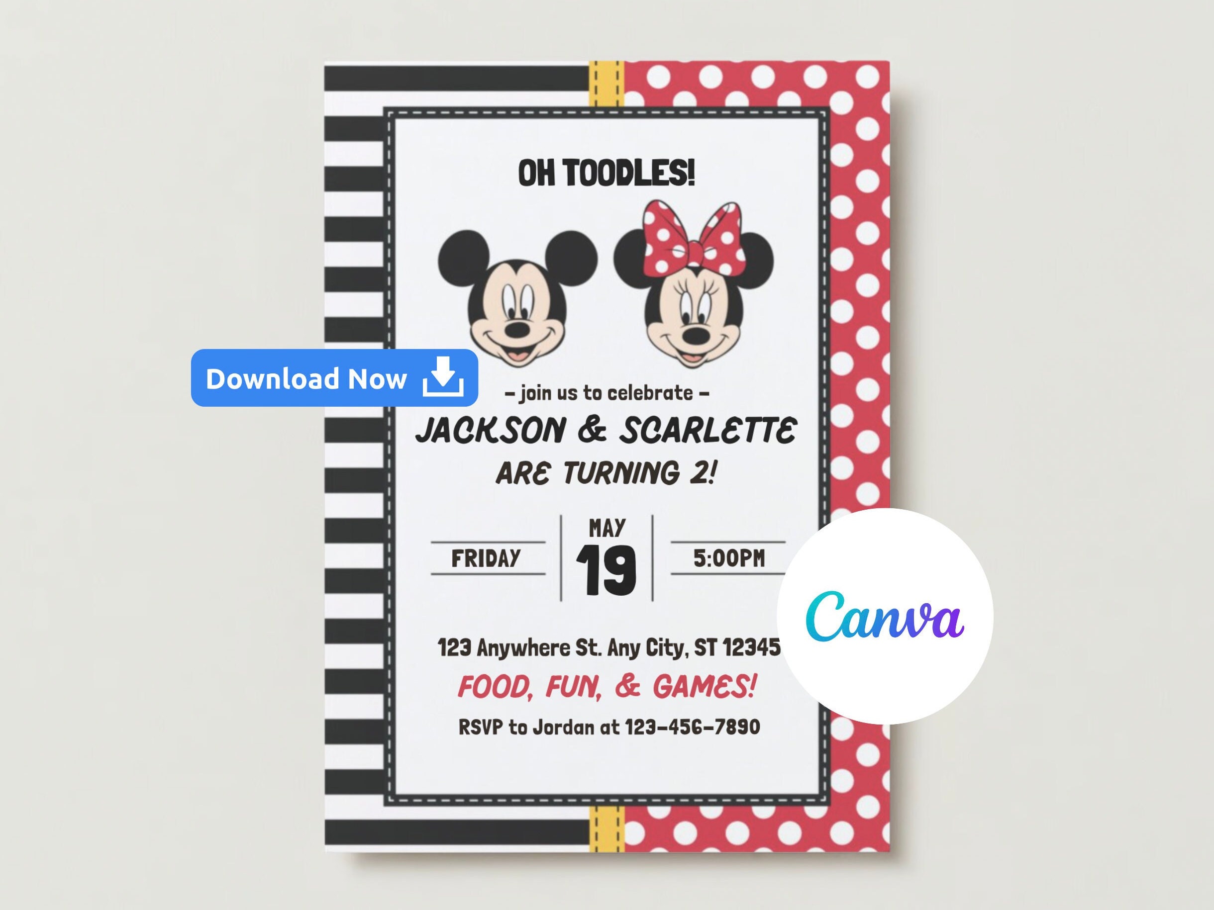 Editable Mickey and Minnie Mouse Birthday Party Invitation, Mickey and ...