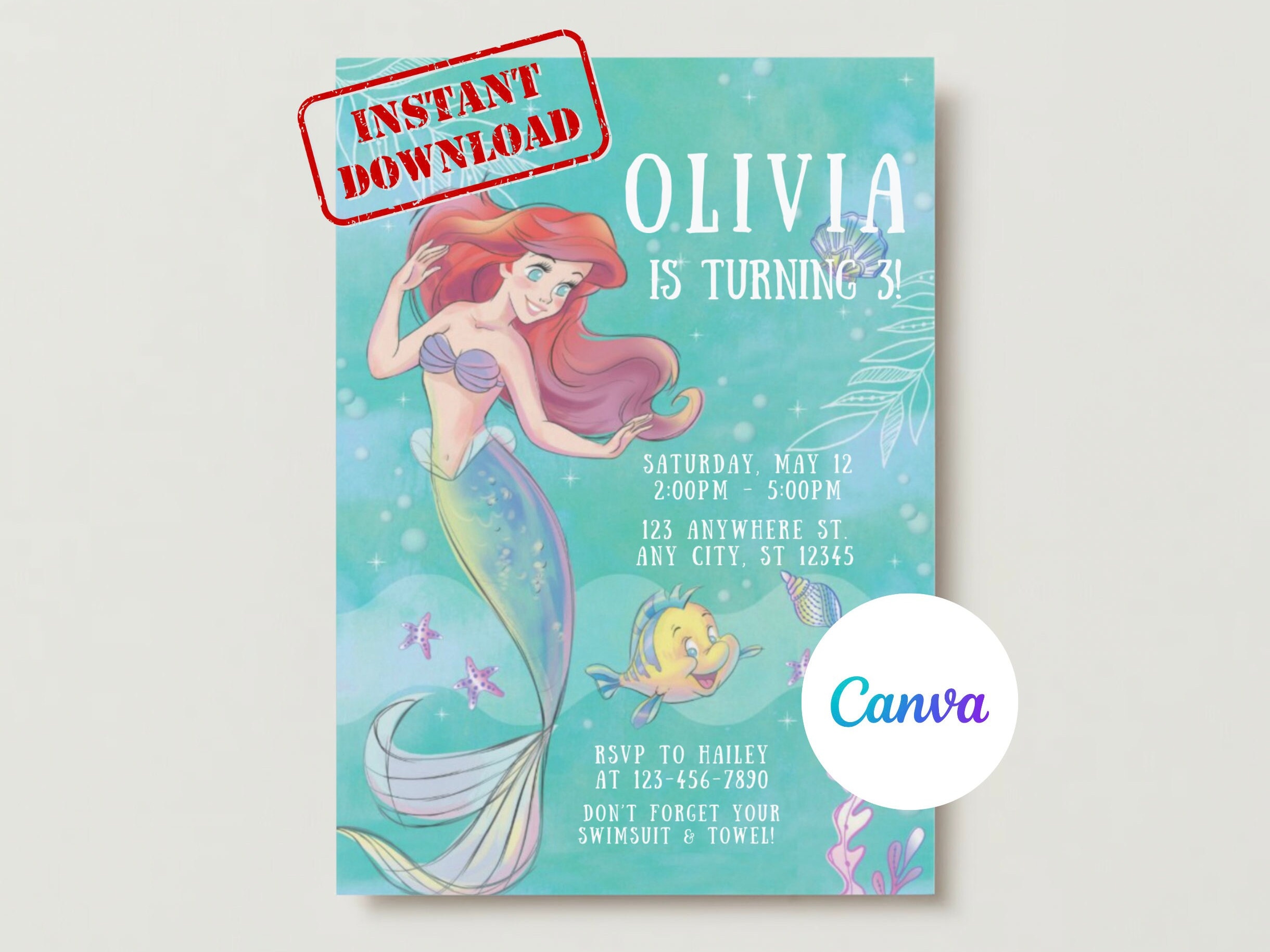 Editable the Little Mermaid Birthday Party Invitation, Ariel Birthday ...