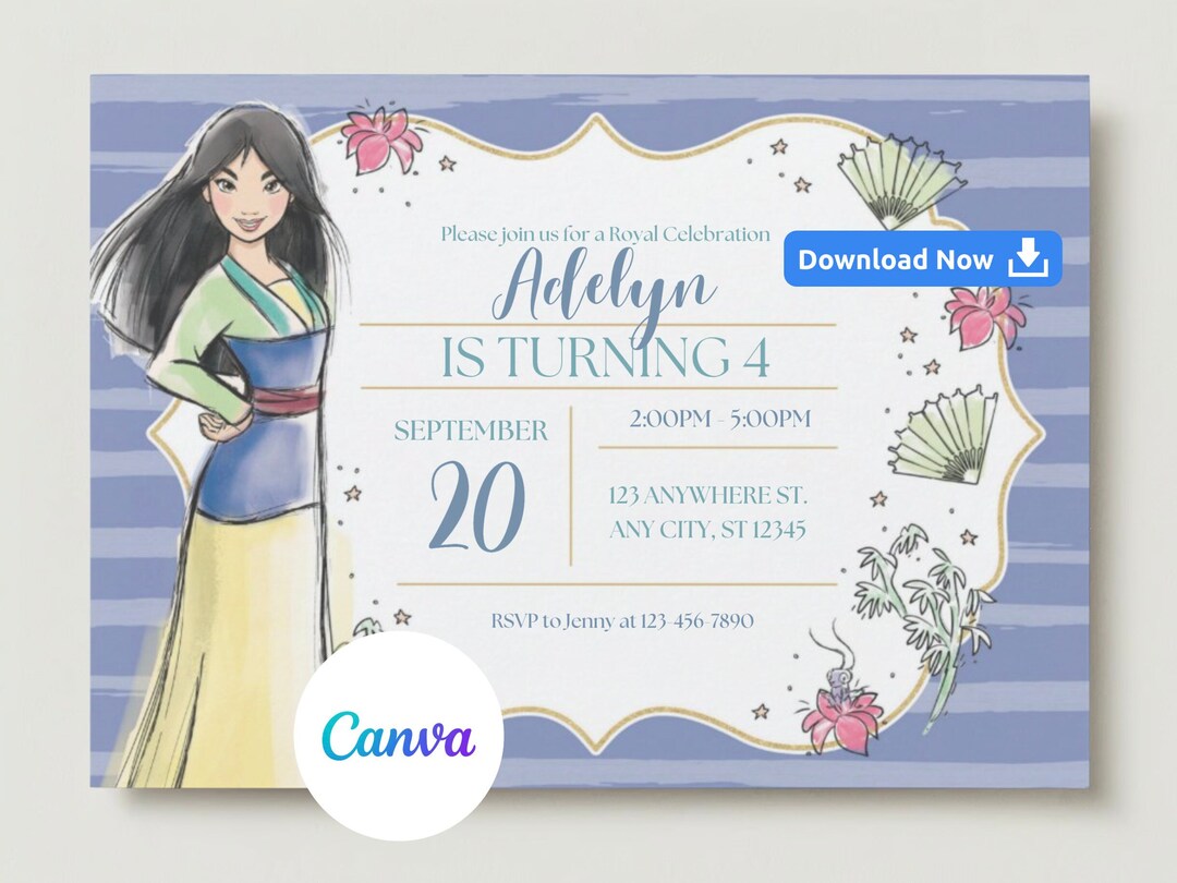 Editable Princess Mulan Birthday Party Invitation, Princess Mulan ...