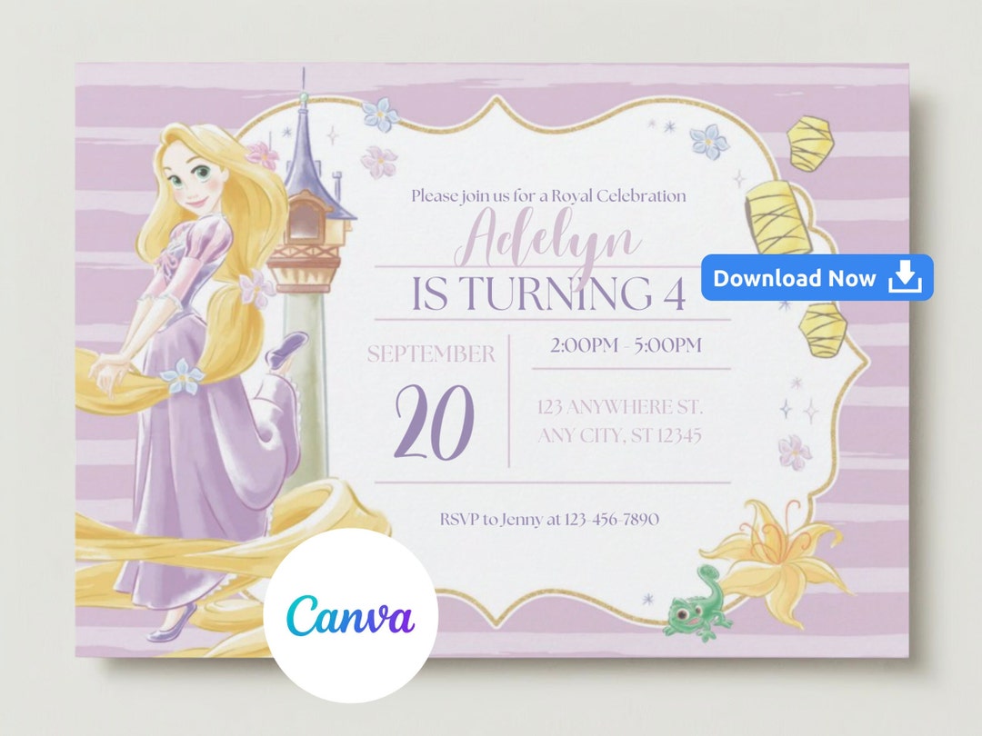 Editable Princess Rapunzel Birthday Party Invitation Princess Rapunzel Birthday Party Invite