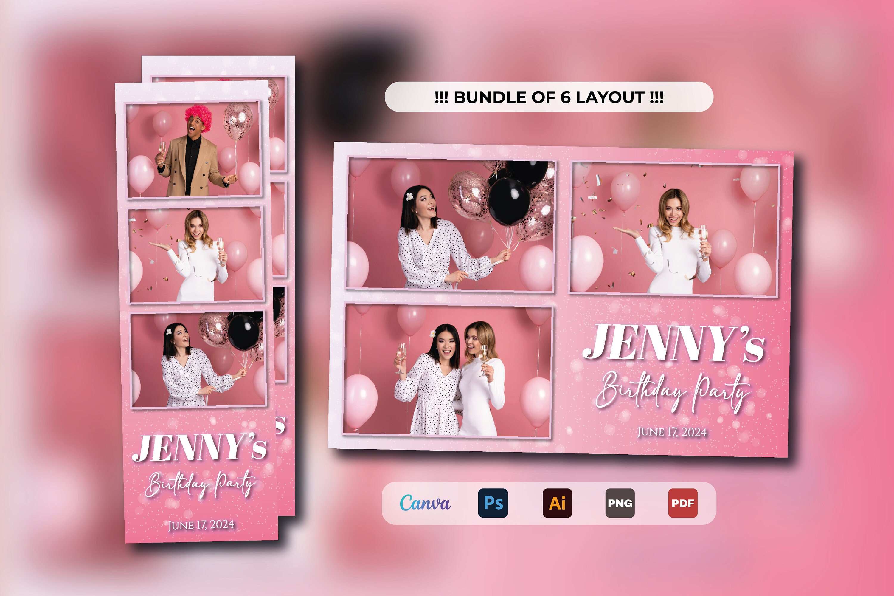 Pink Birthday Photo Booth Template: Sweet 16, X6 Layout (digital ...