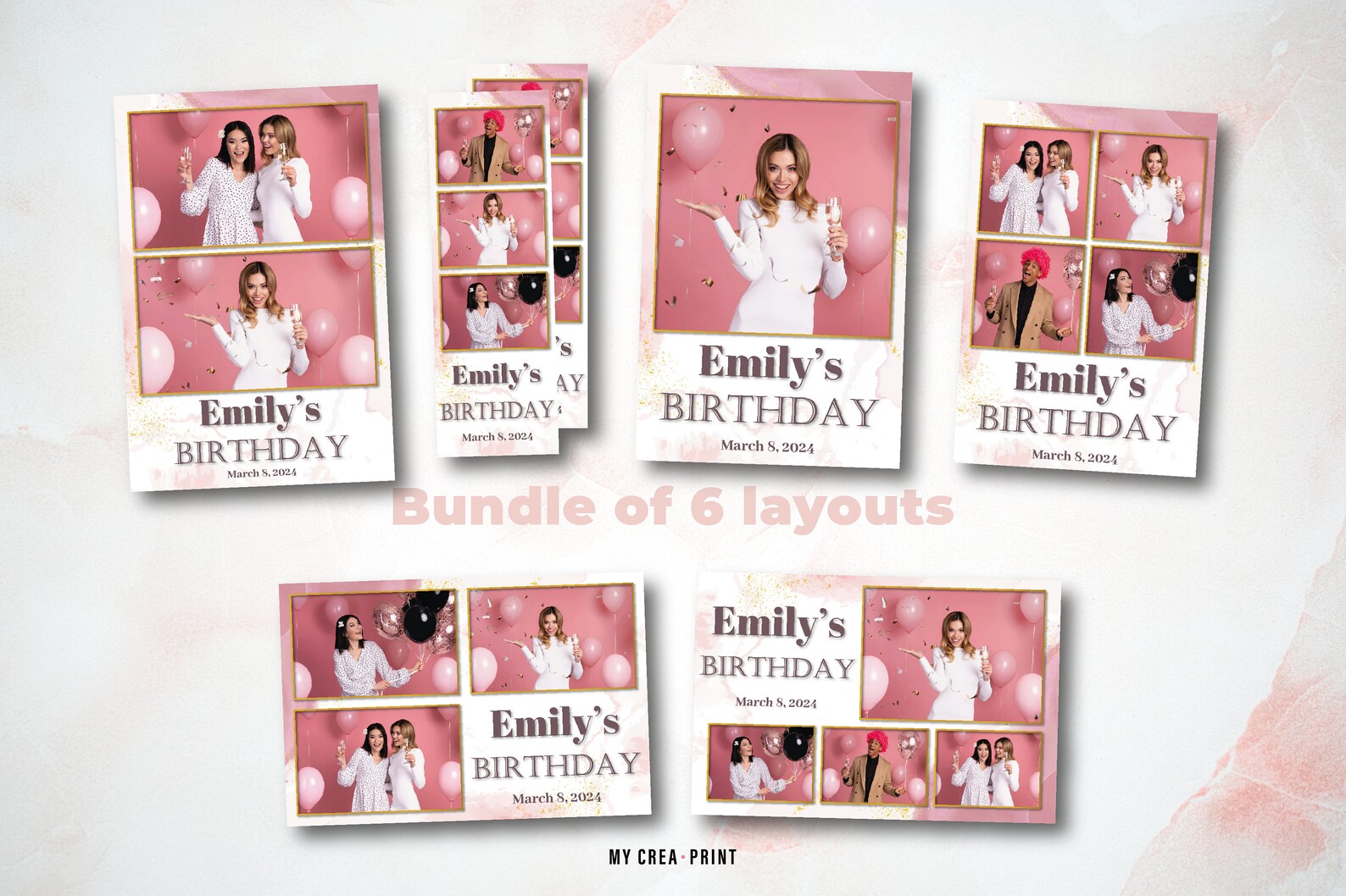 Pink and Gold Birthday Photobooth Template, X6 Layout Elegant Gatsby Bd ...