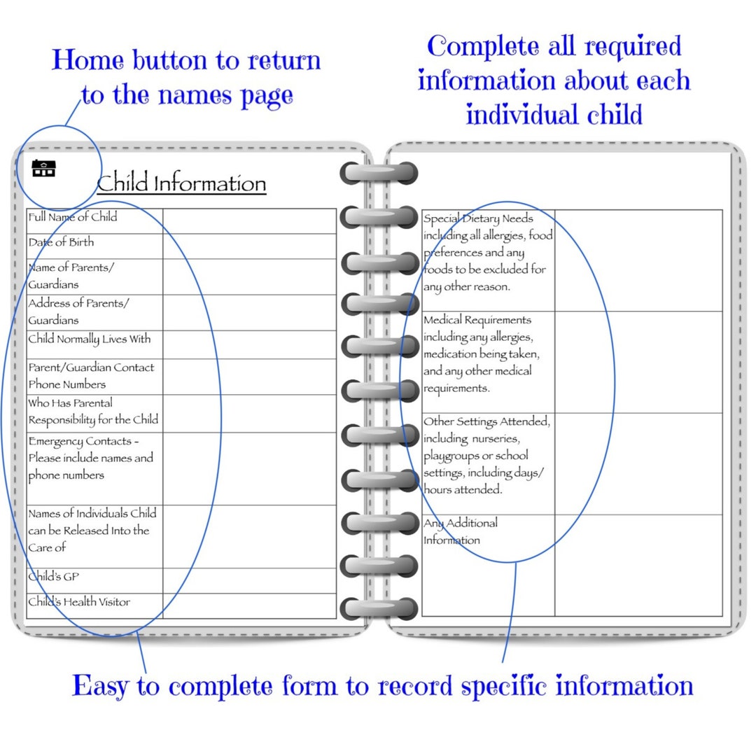 Digital Child Information Form Record for Child Care Settings Including ...