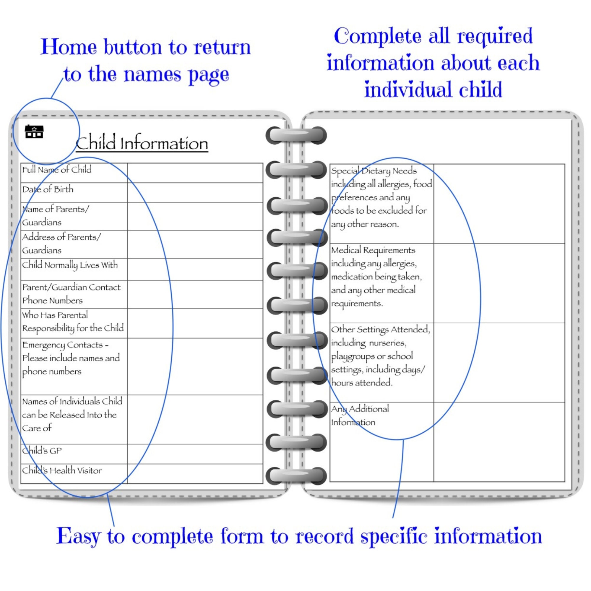 Digital Child Information Form Record for Child Care Settings Including ...