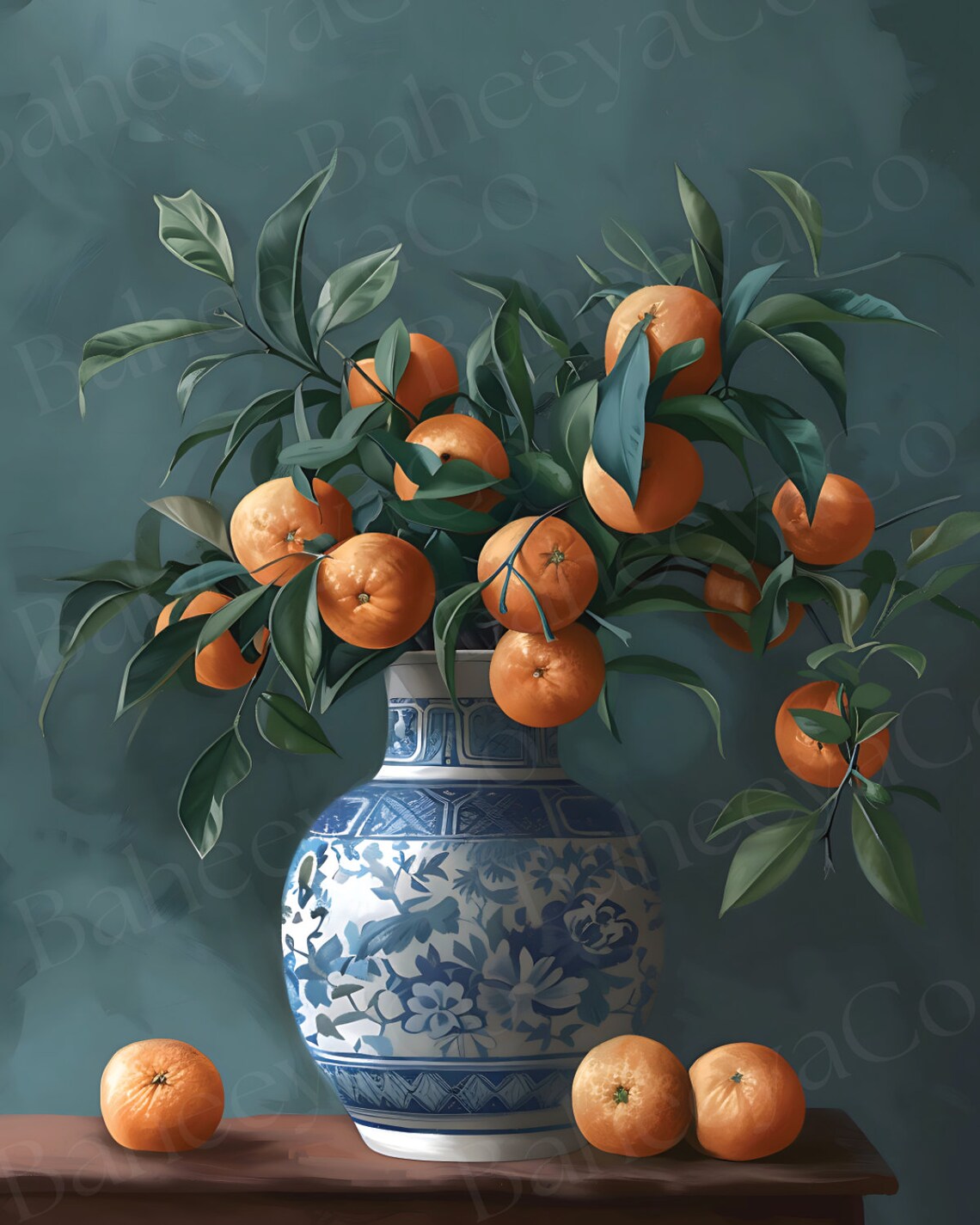 Elegant Still Life | Lush Orange Tree Branches in a Classic Blue and ...