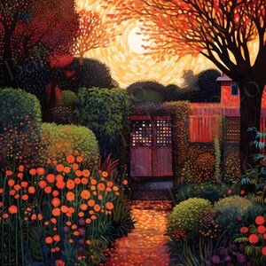 Enchanted Garden Sunset | Vibrant Nature Scene | Garden Art Print ...