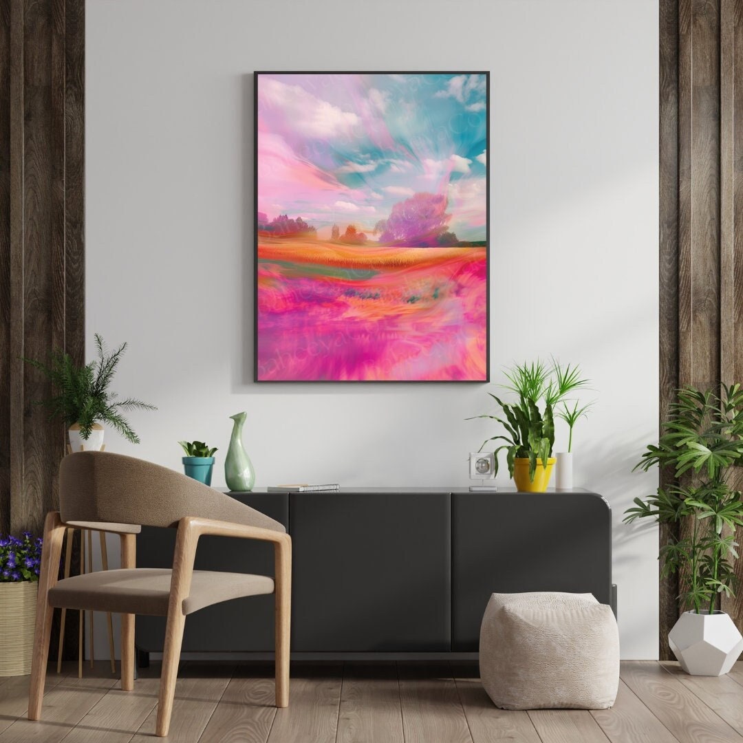 Whimsical Surreal Landscape Art Print – Colorful Meadow (digital ...