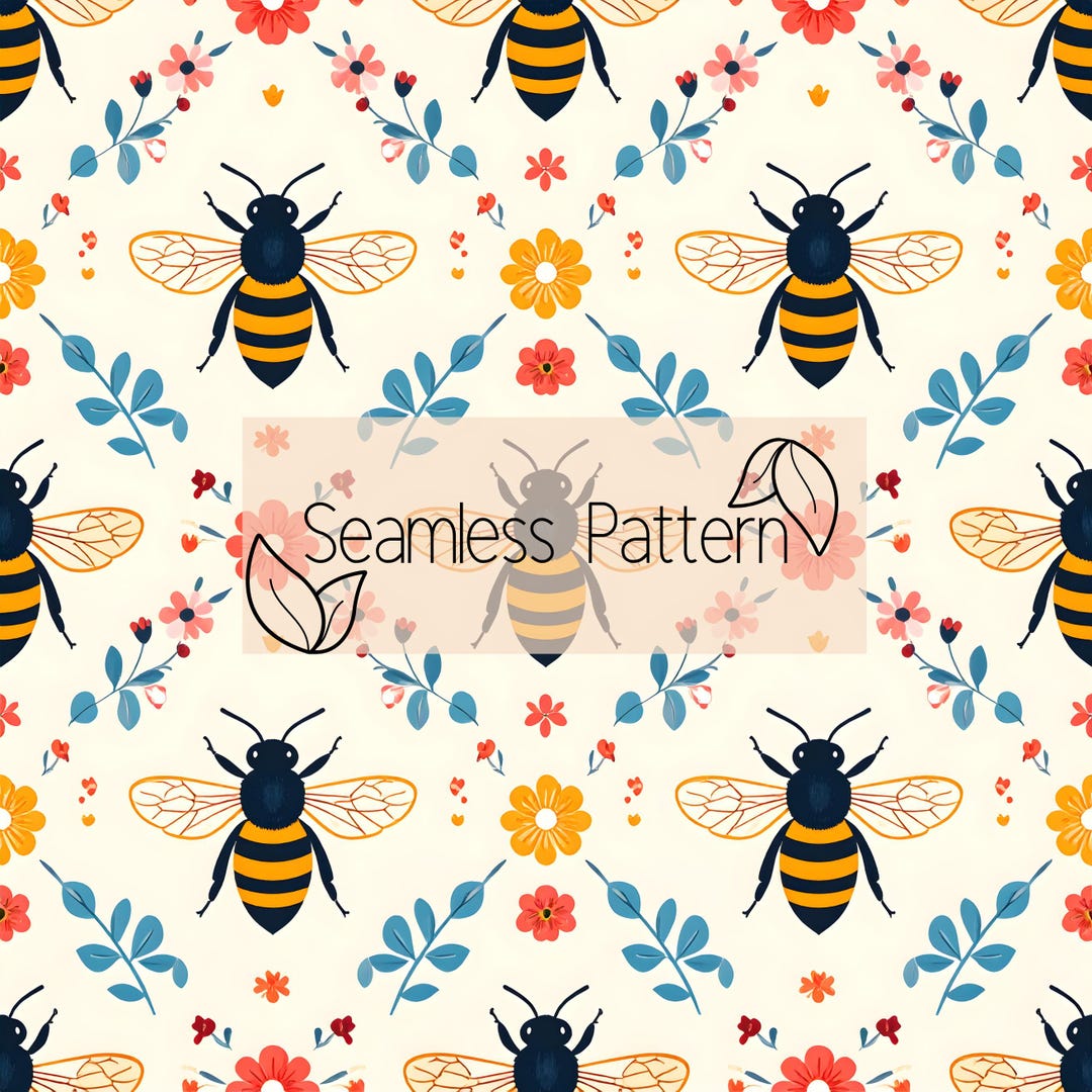 Folk Art Bee Seamless Pattern Digital Paper – Honey Bees With Floral ...