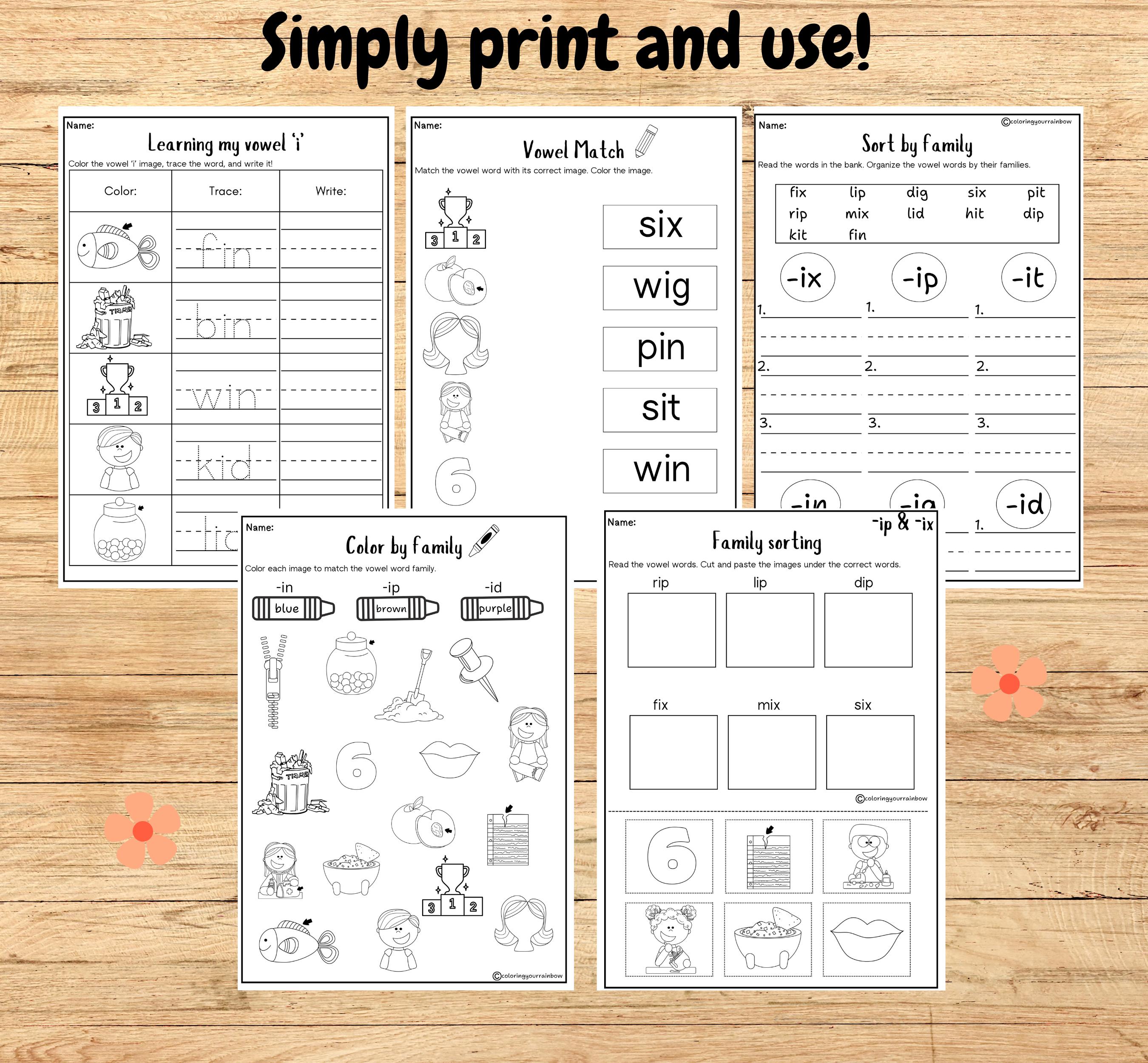 Short 'i' CVC Words L Vowel Family Activity Worksheetsl Phonics for ...
