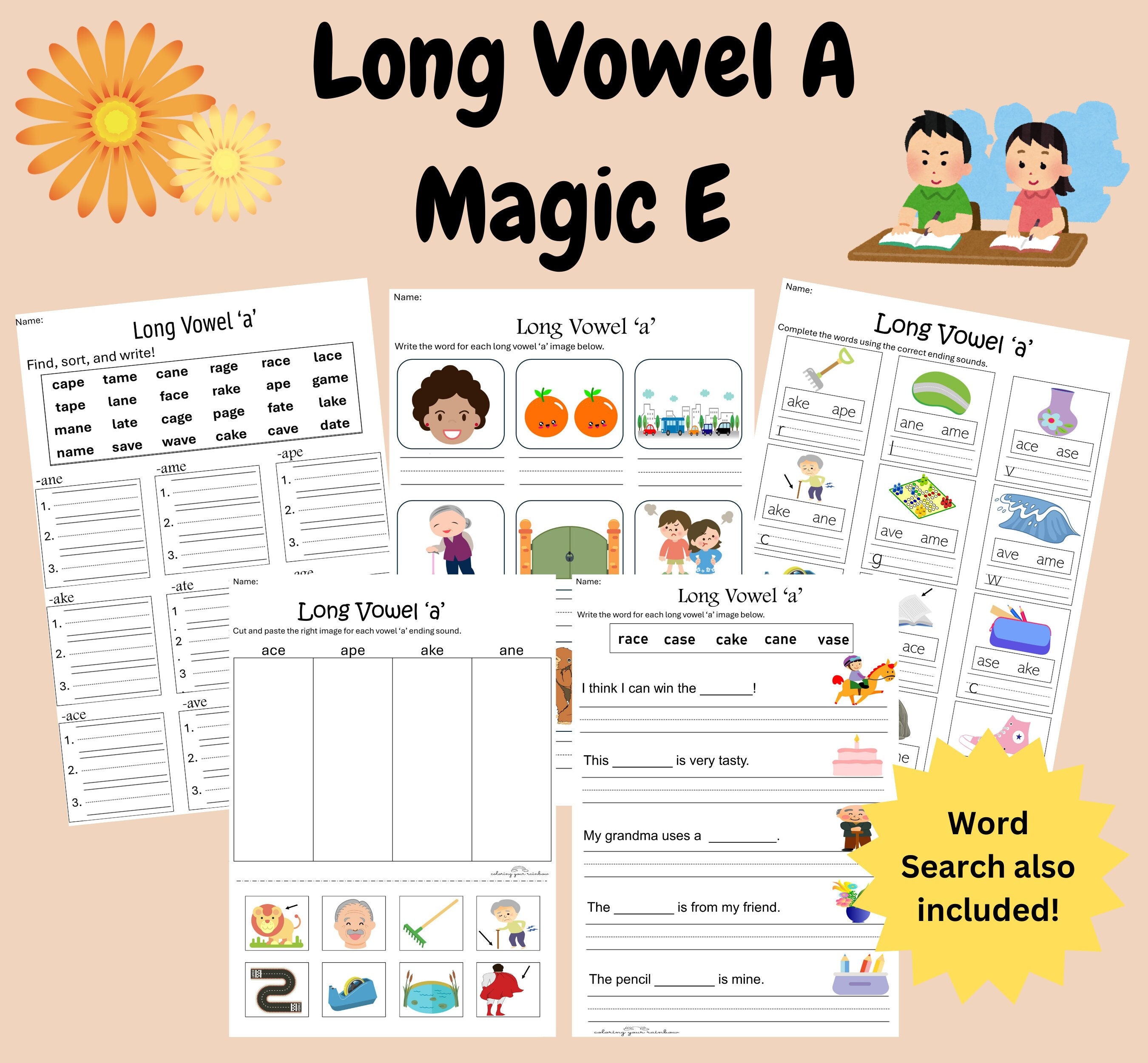 Long Vowel A Worksheets Magic E Printables for Grade 1 & 2 Phonics ...